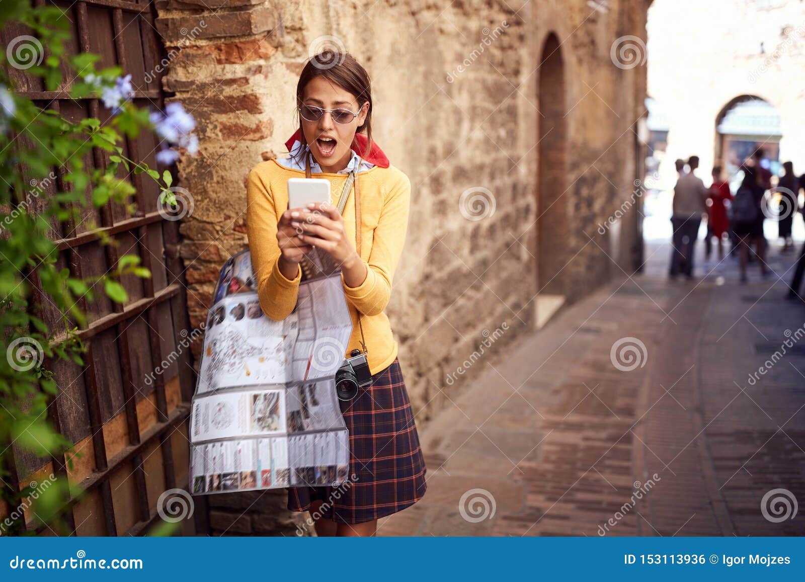 Girl Traveling Alone with Map and Mobile on Vacation Stock Photo ...