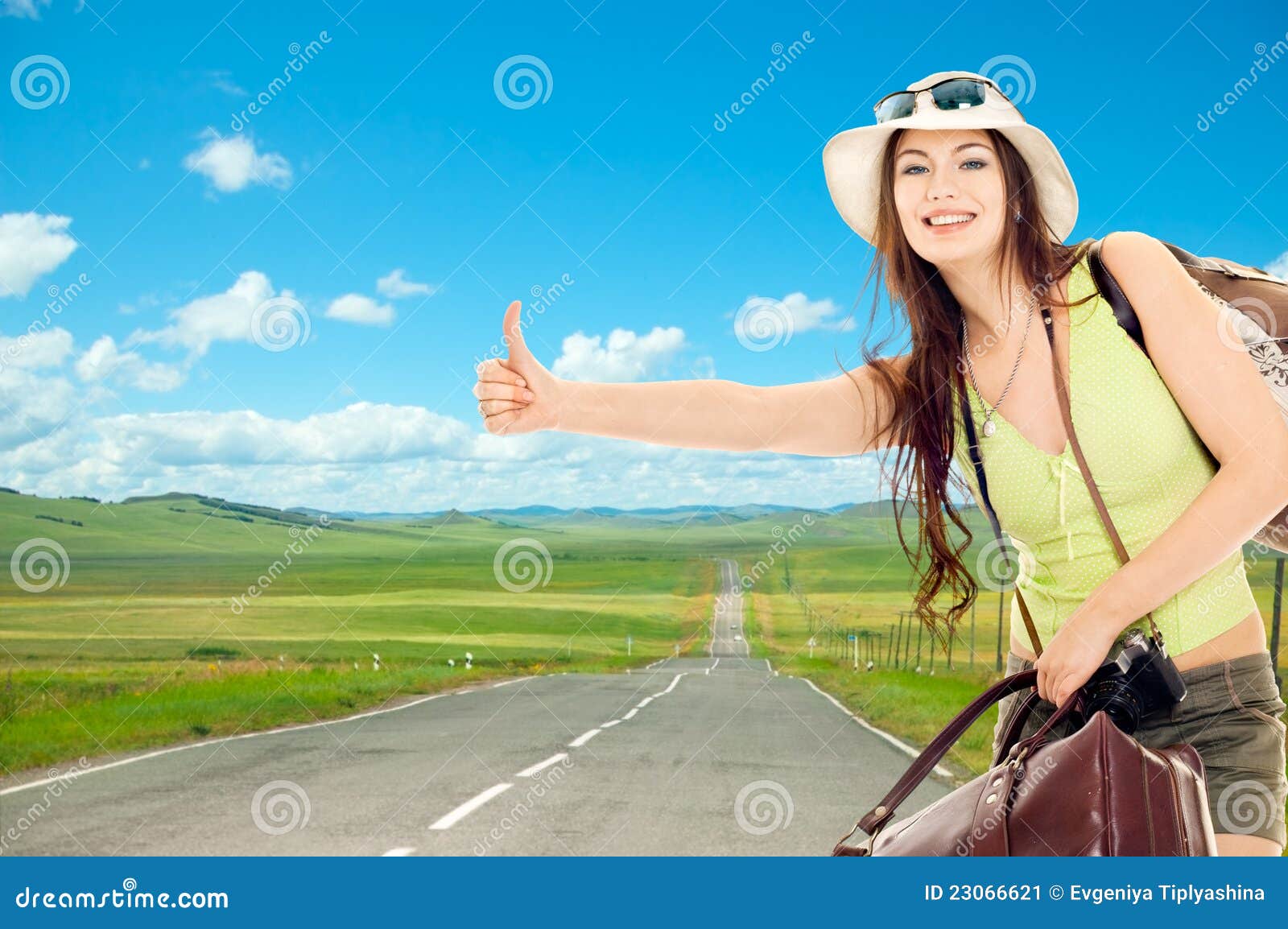 The girl travels stock image. Image of shows, happy, road - 23066621