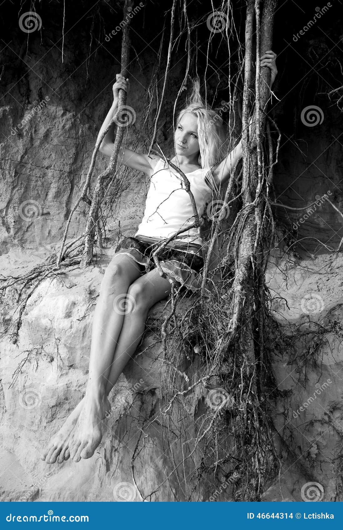 Girl and tree roots stock photo. Image of posing, portrait - 46644314