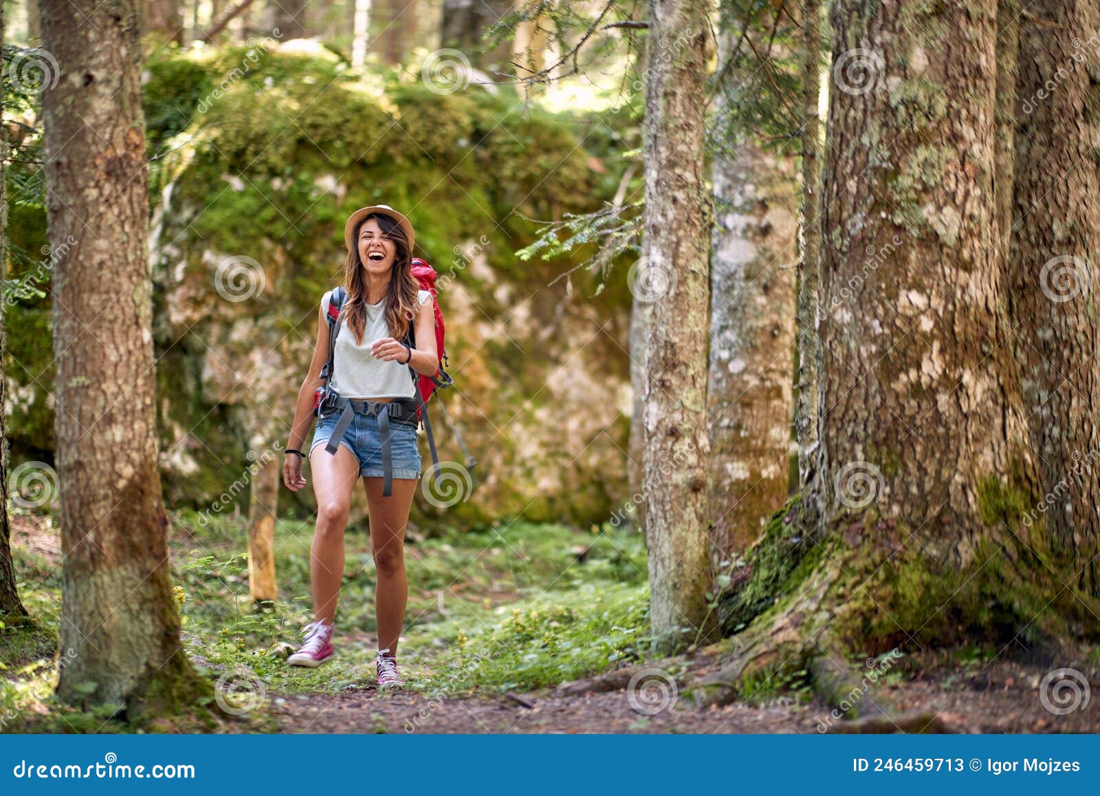 Girl Trekking with Backpacks Walking in the Forest Stock Image - Image ...