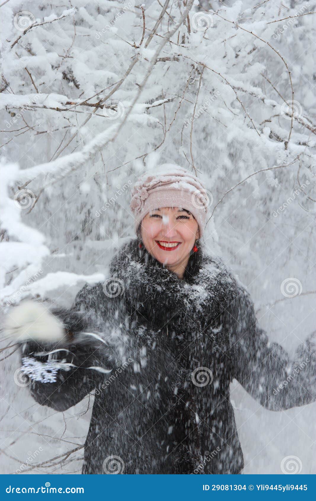 Girl Treset Snowy Tree Branch Stock Photo - Image of snow, brunette ...