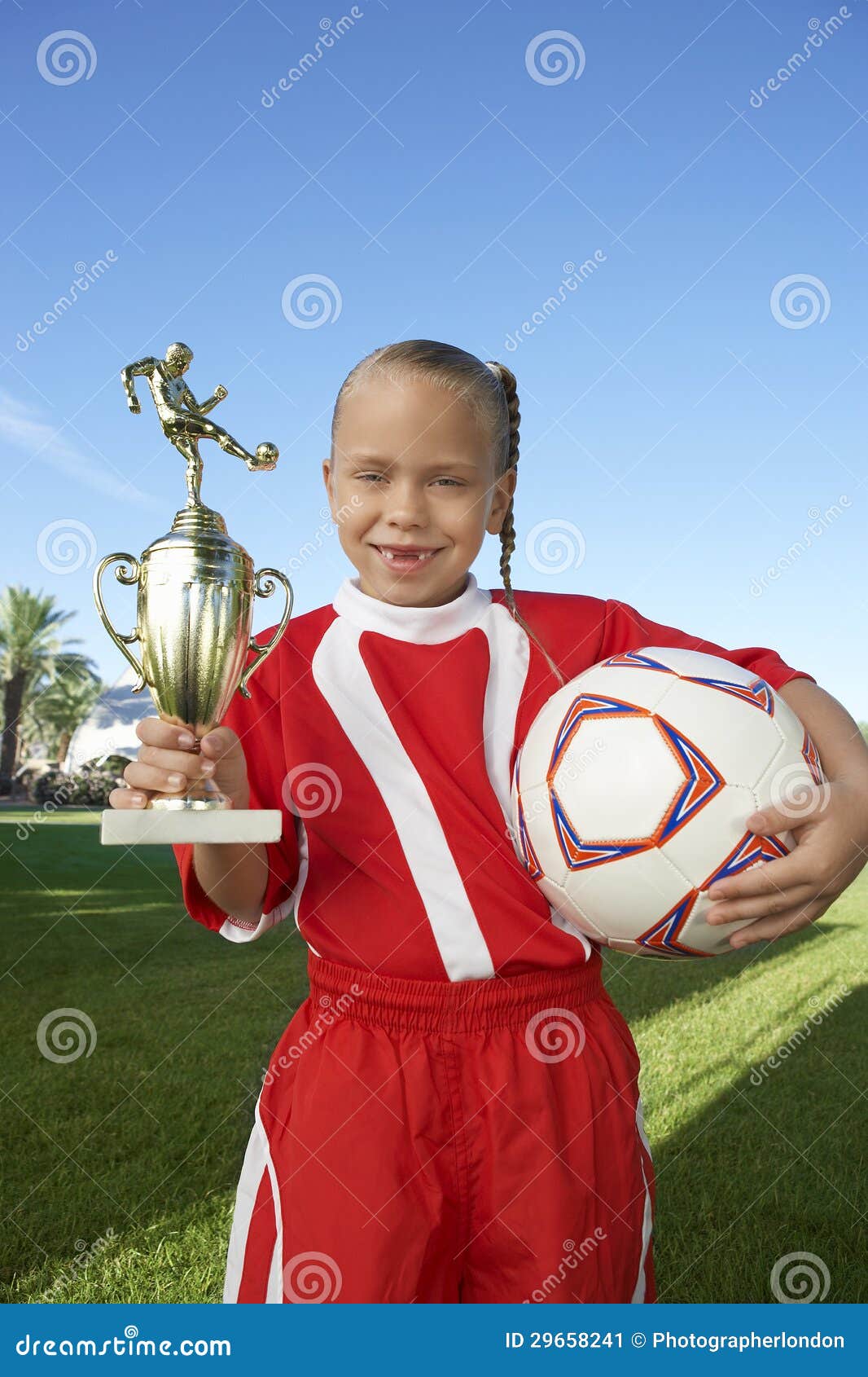 Girl with Trophy and Soccer Ball Stock Image - Image of children ...