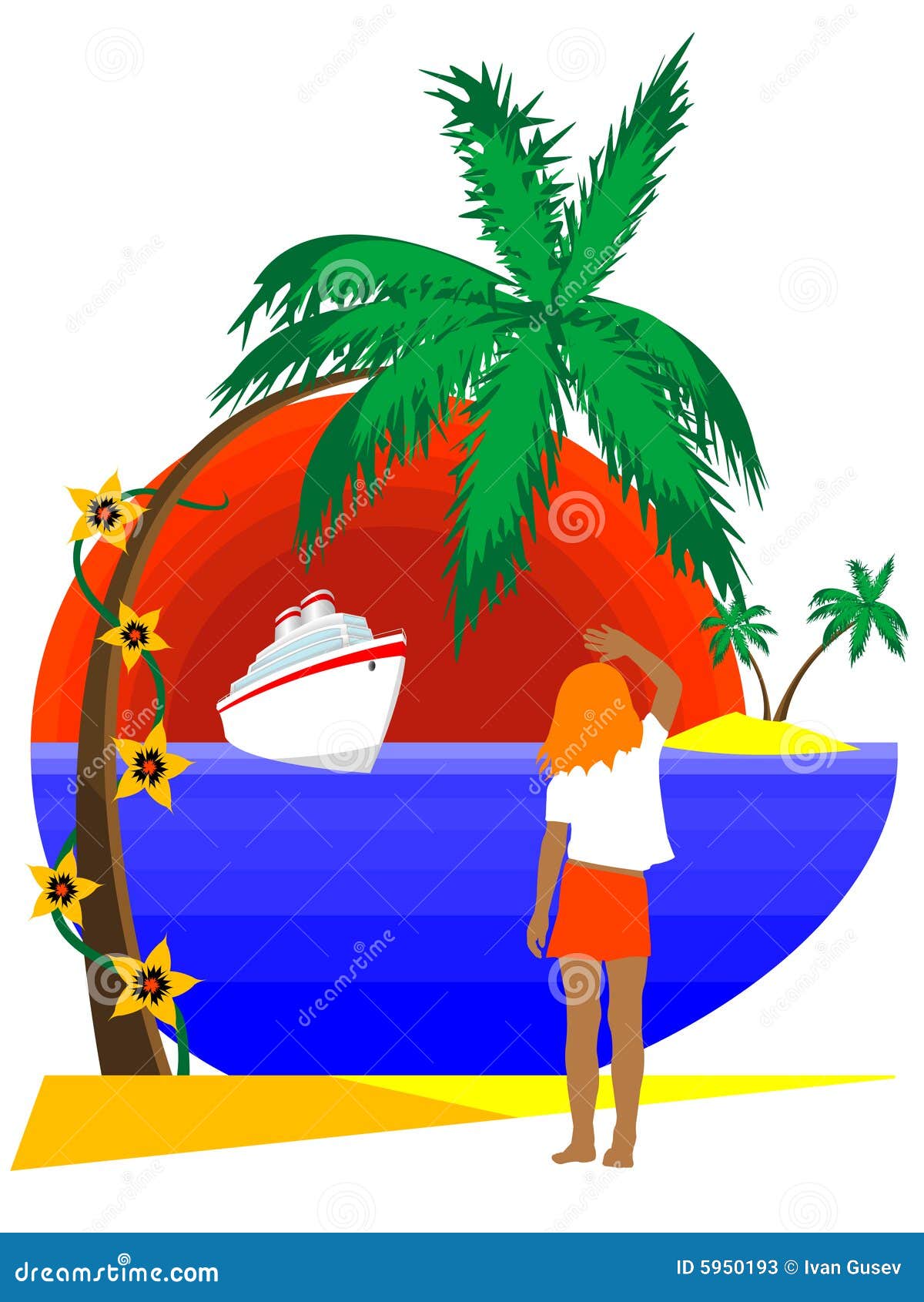 Girl on tropical island stock vector. Illustration of ship - 5950193