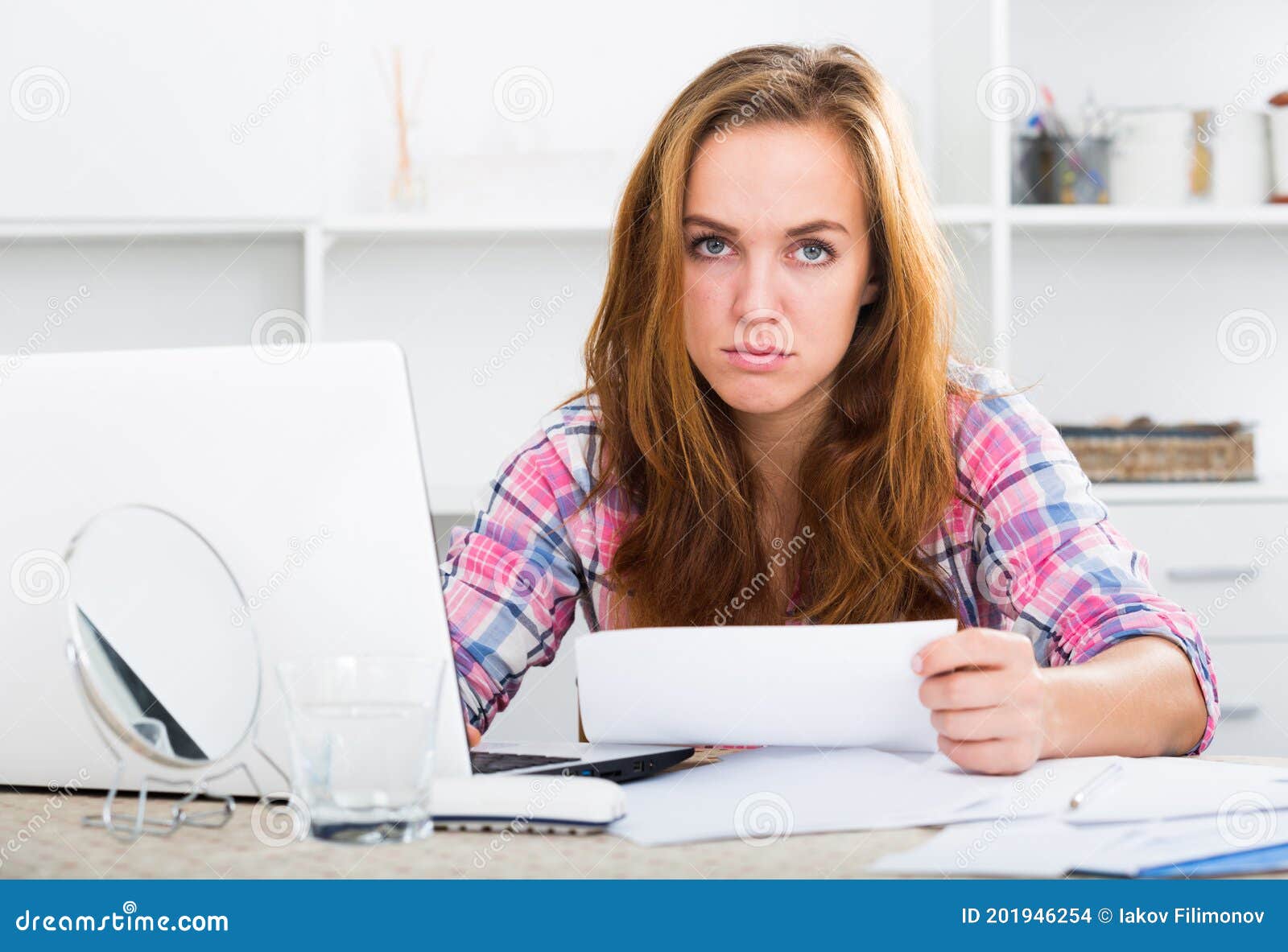 Girl in Trouble with Laptop at Table Stock Photo - Image of troubles ...