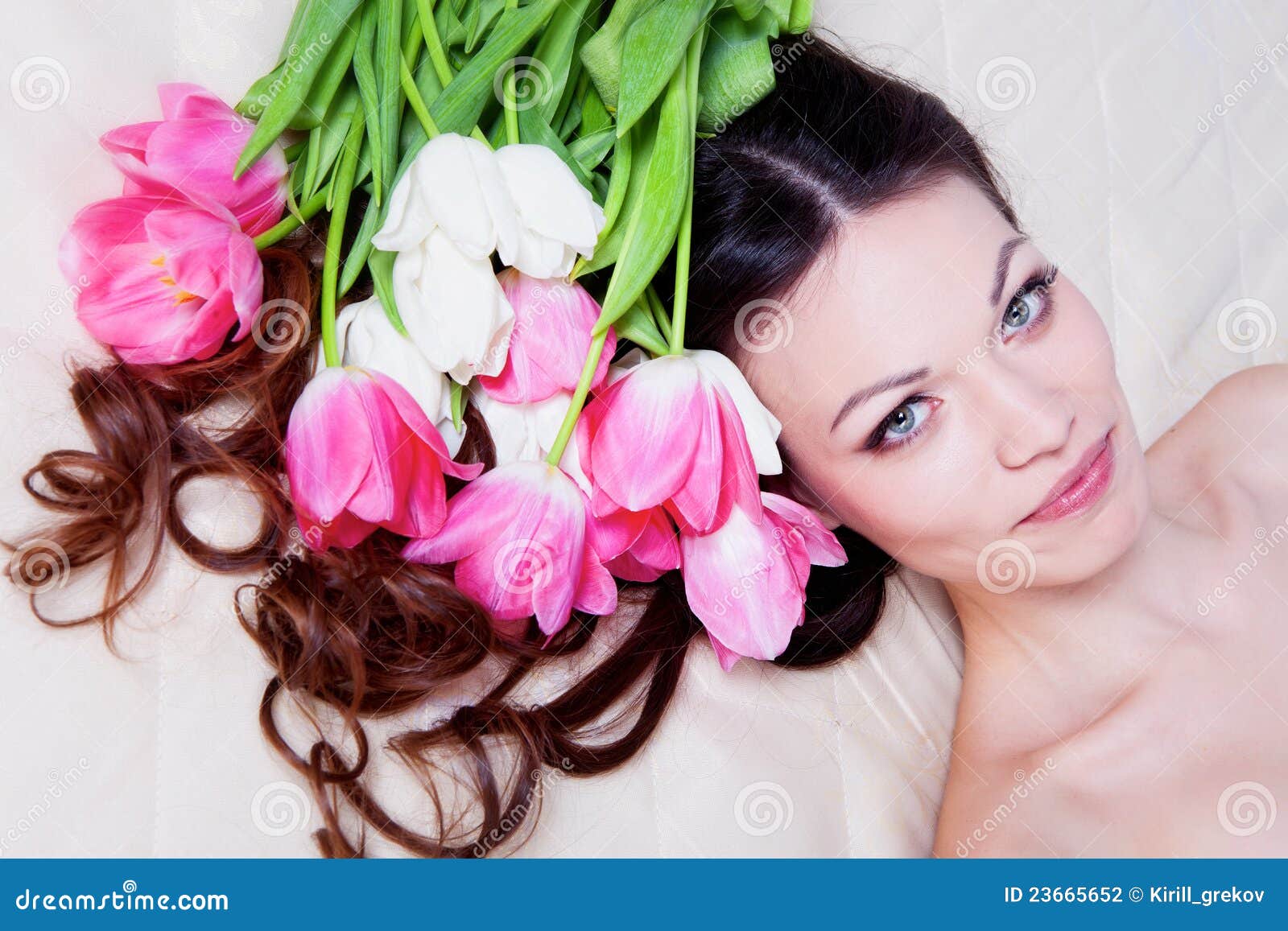 Girl with tulip flowers stock photo. Image of bouquet - 23665652