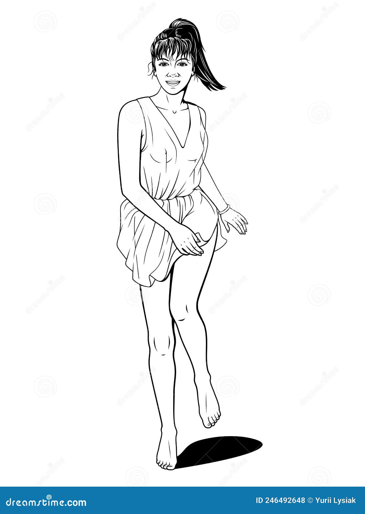 Girl In Tunic Running Vector Ink Style Outline Drawing Stock Vector