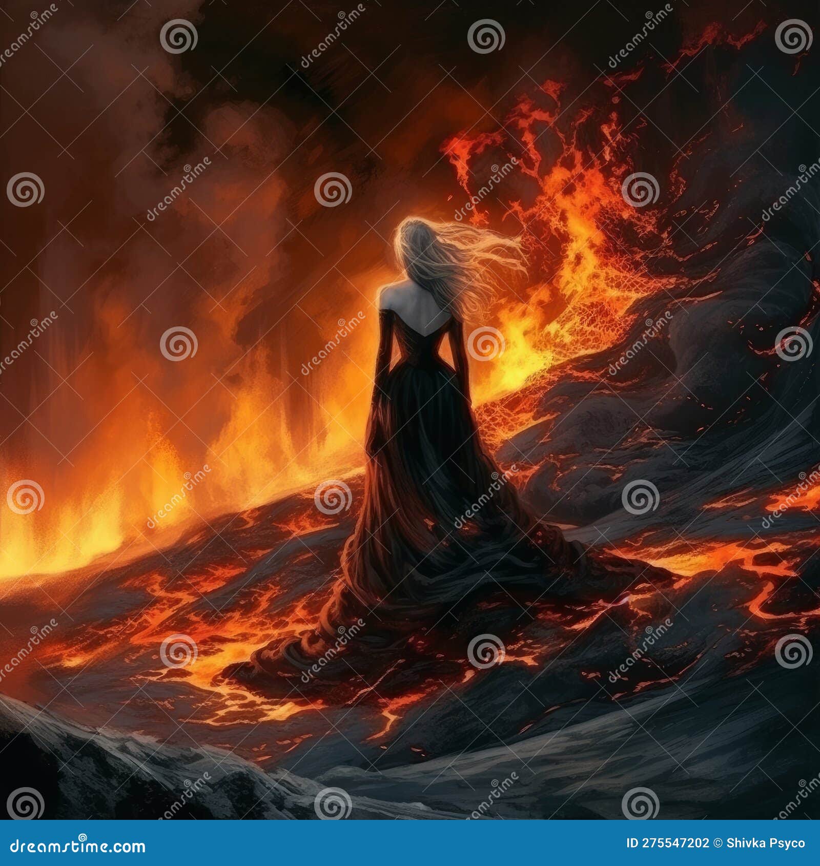 A Girl Turned Back Stand in Front of Active Volcano Generative AI Stock ...