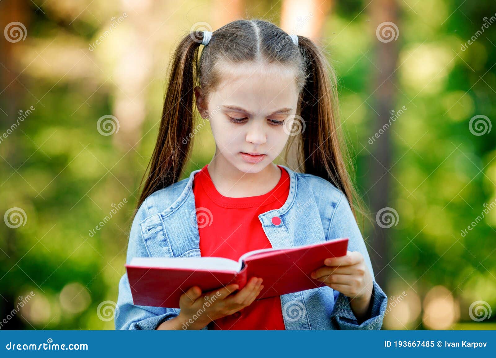 Girl with Two Tails Reading Book in Park Stock Image - Image of student ...