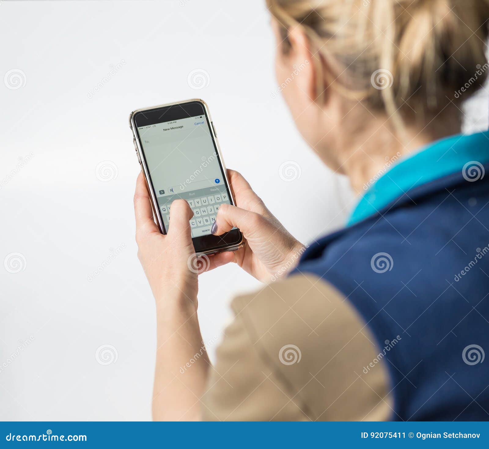 Girl typing on a phone stock image. Image of cell, sharing - 92075411