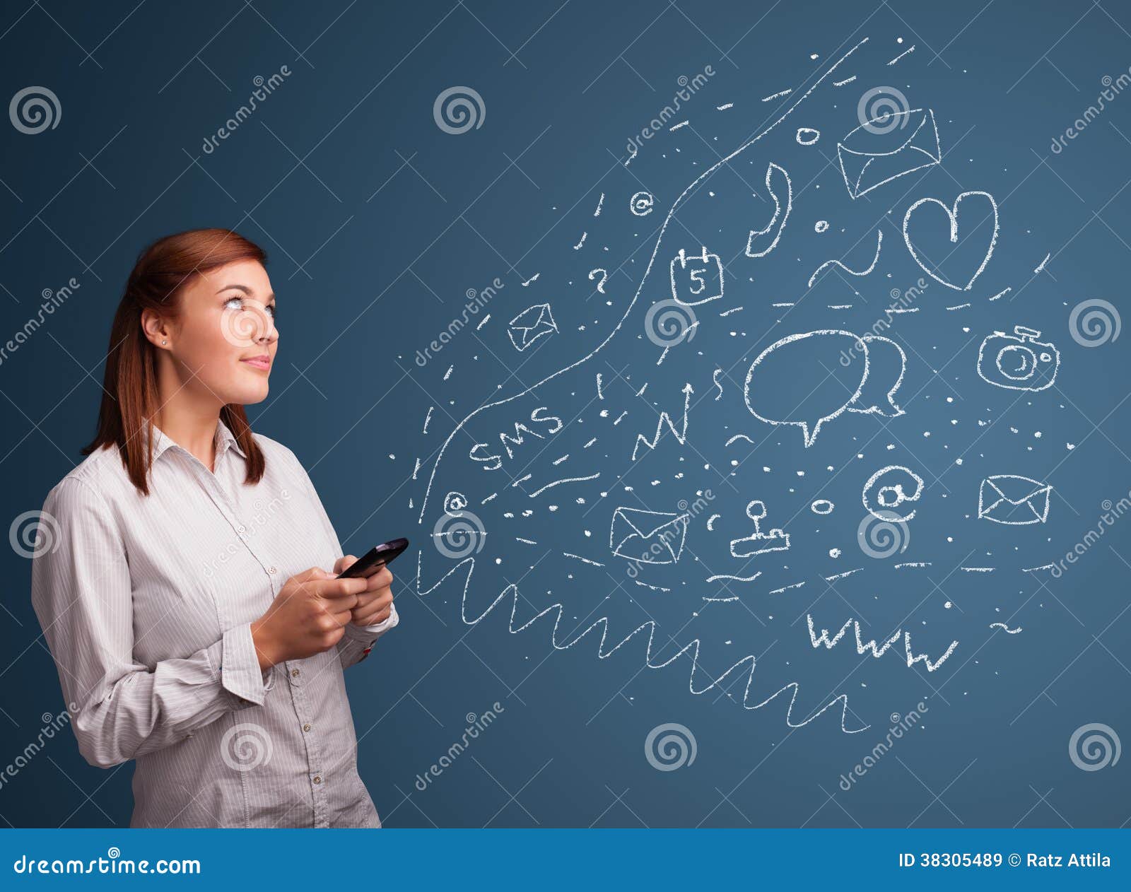 Girl Typing on Smartphone with Various Modern Technology Icons Stock ...