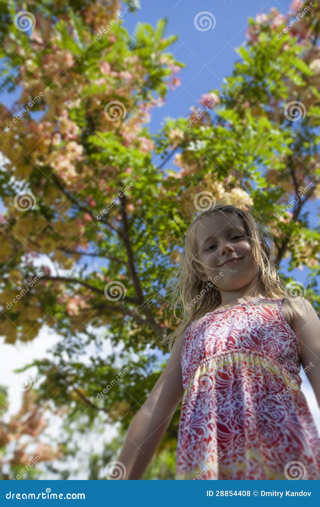 Girl Under Tree with Flowers Smiling Stock Photo - Image of leaves ...