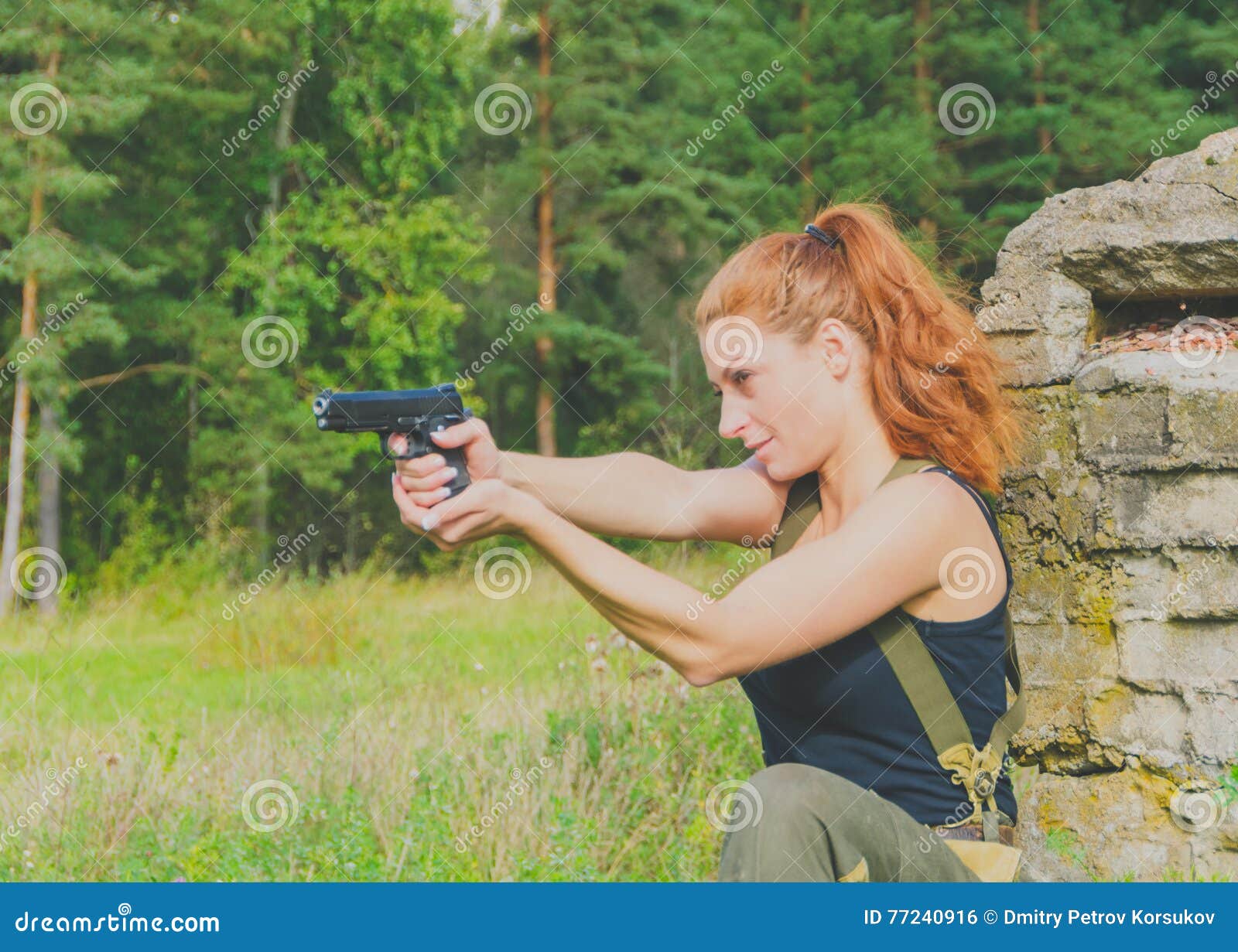 Girl in Uniform Looking for the Target from the Gun Stock Photo - Image ...