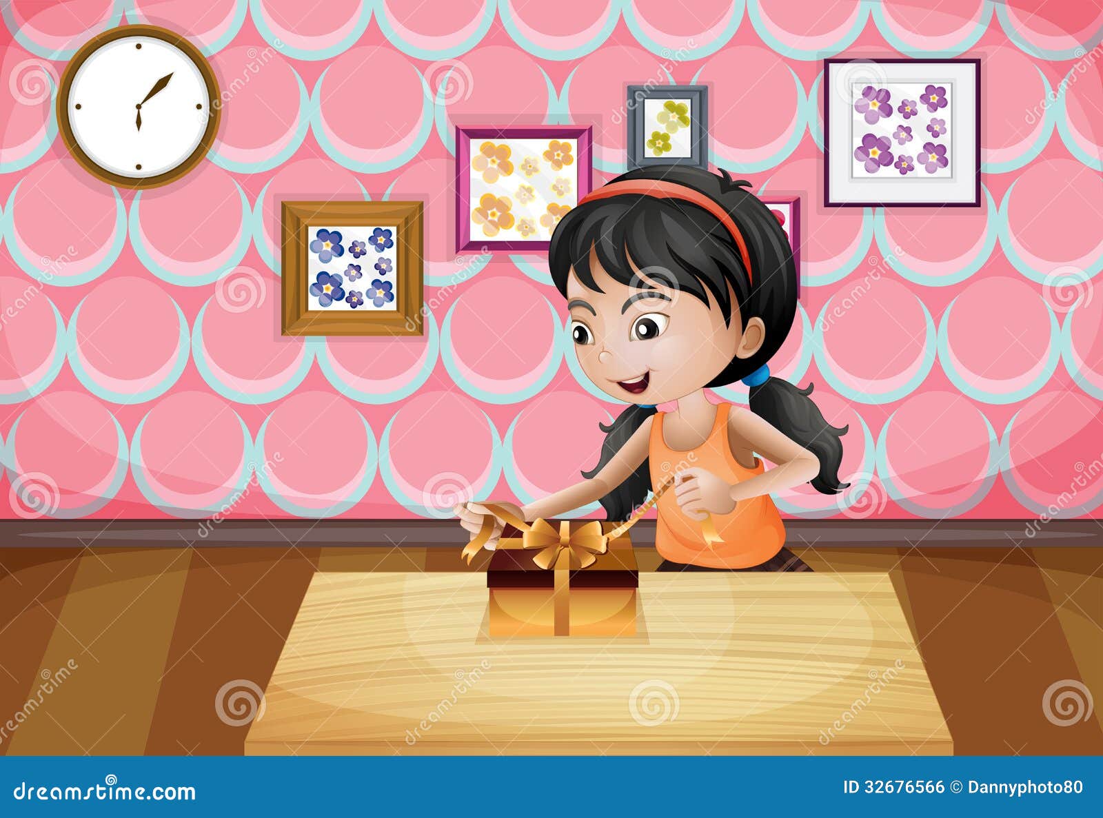 Girl Unwrapping Present Cartoon Vector | CartoonDealer.com #12052067