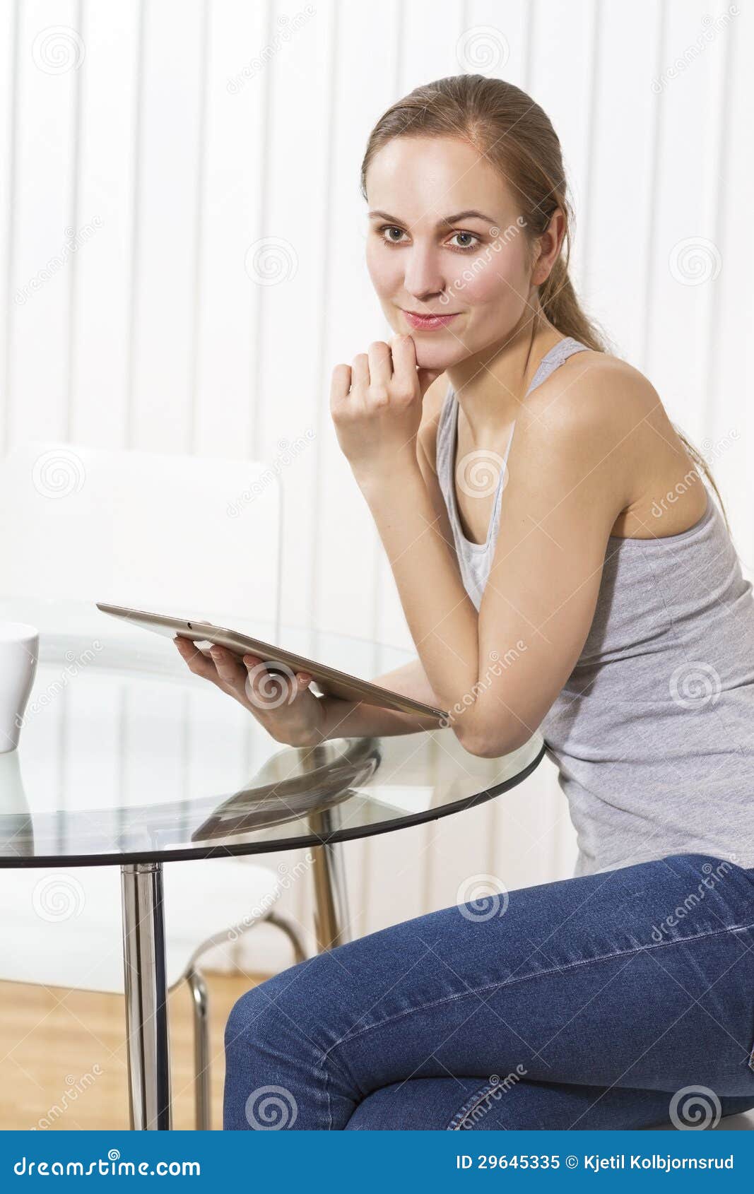 Girl Use a Pad in the Kitchen Stock Image - Image of pretty ...