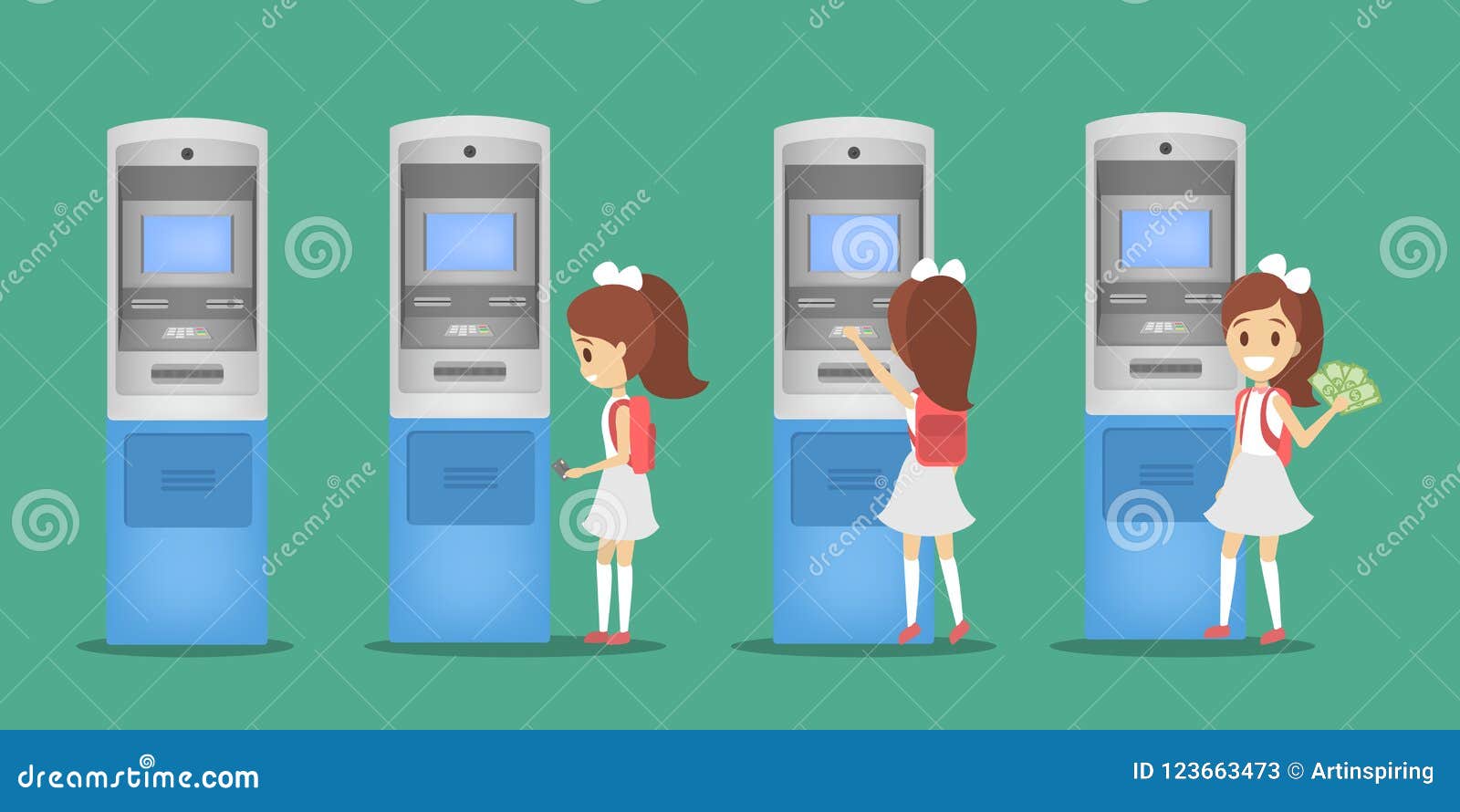 Girl using ATM machine stock vector. Illustration of automated - 123663473