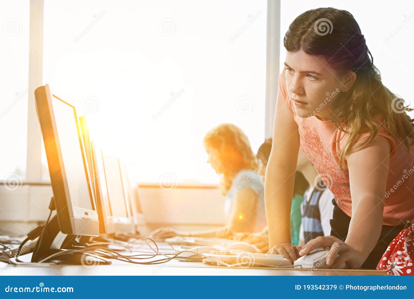 Girl Using Computer at School Stock Image - Image of girl, computer ...