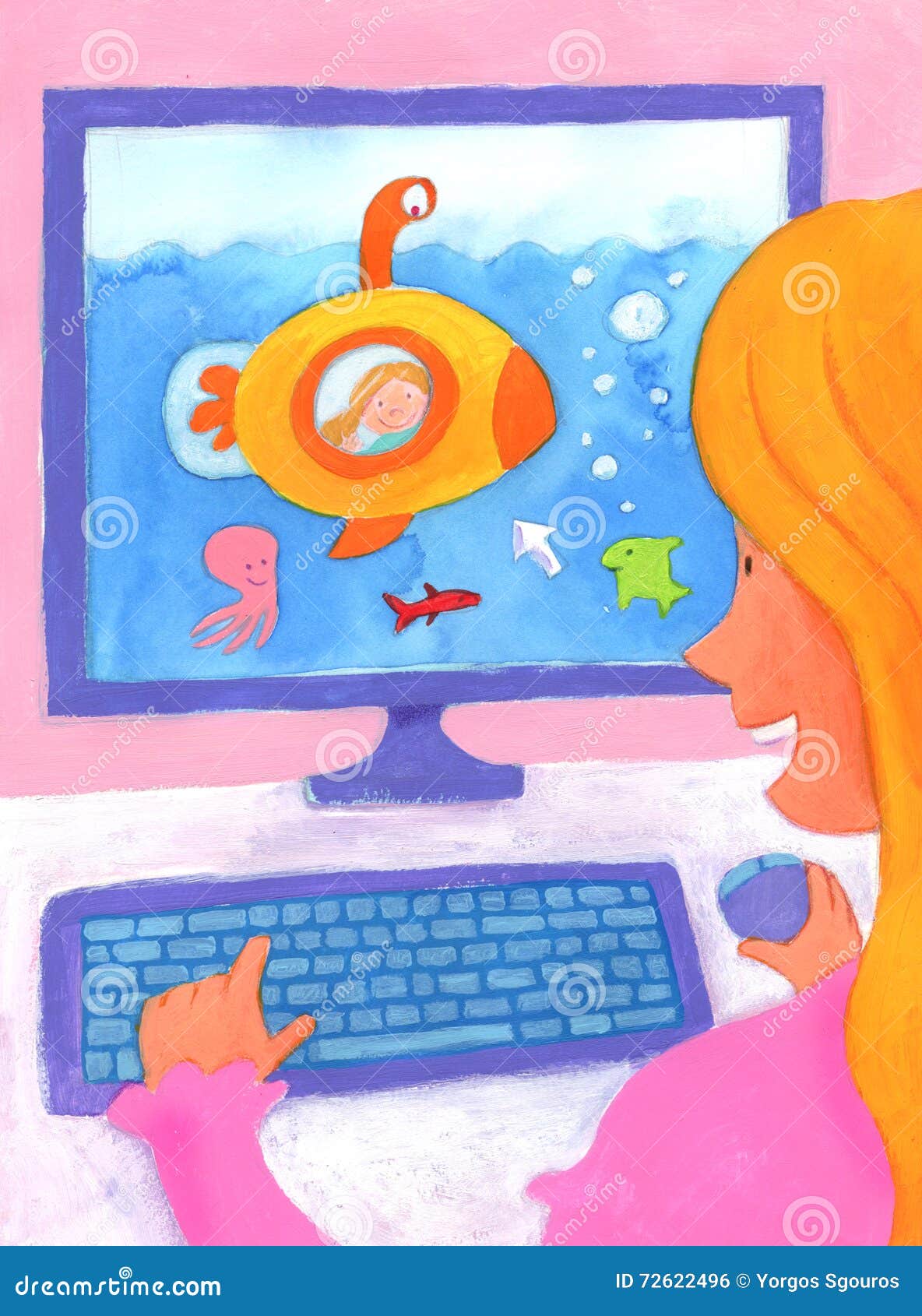 Girl using computer stock illustration. Illustration of laptop - 72622496