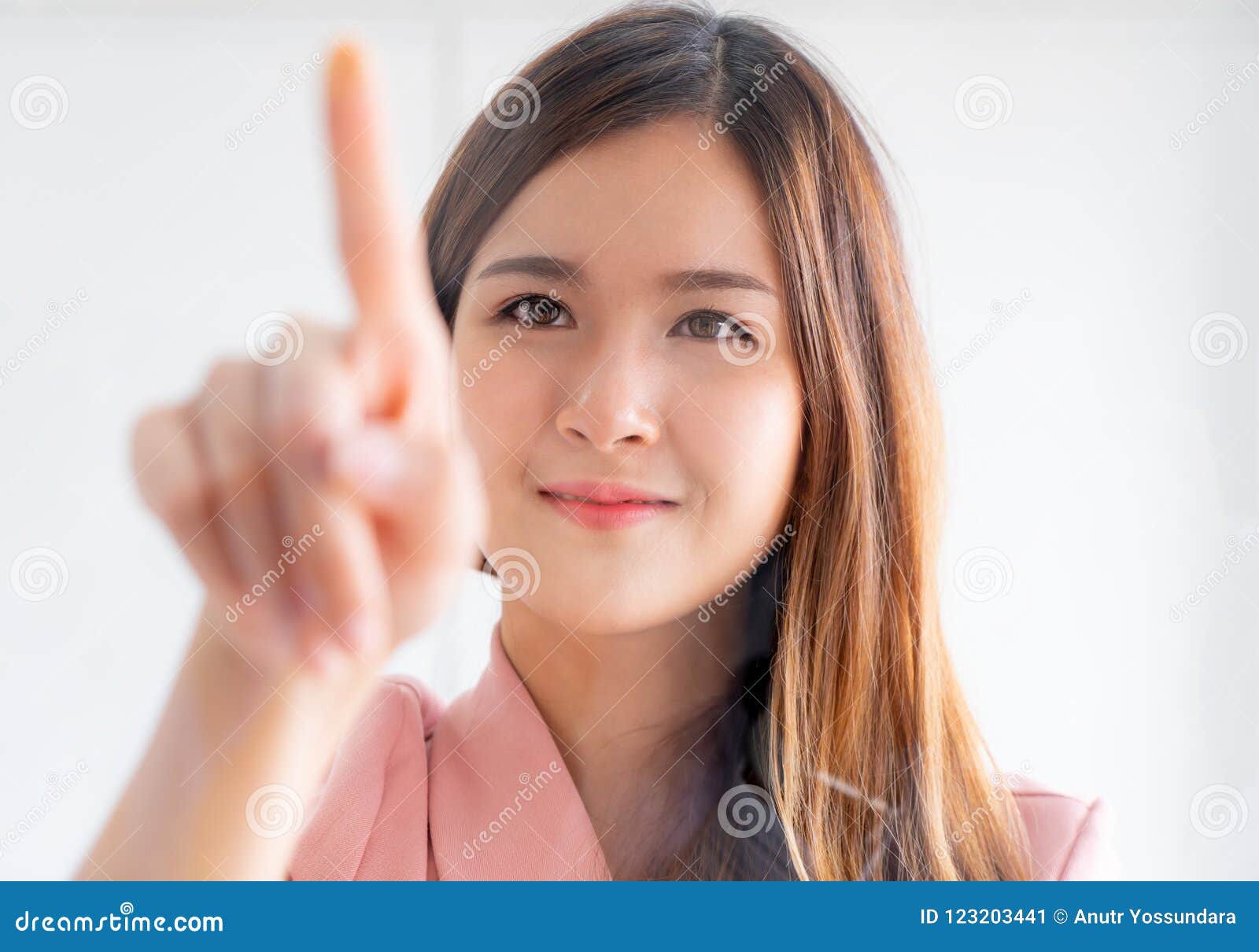 Girl Using Finger To Touch the Screen in Front Stock Image - Image of ...