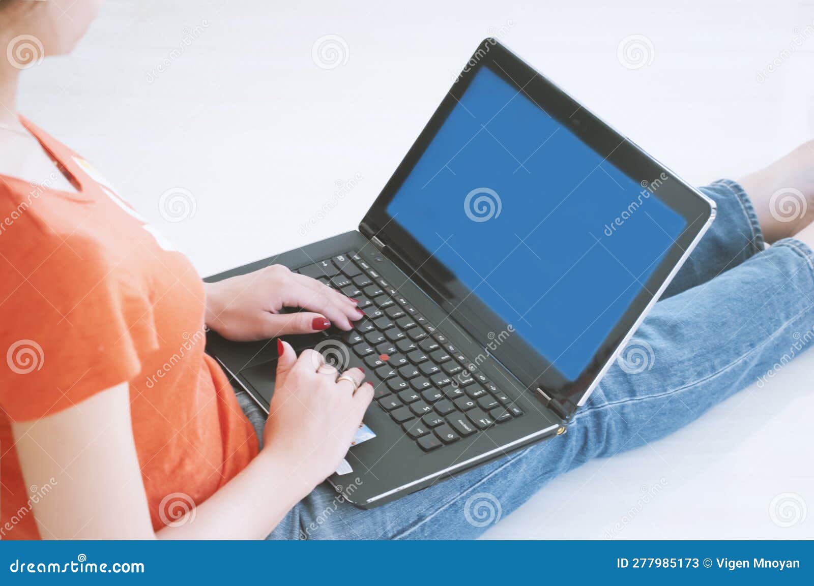 Girl Using Her Laptop in Her House Stock Image - Image of online, room ...