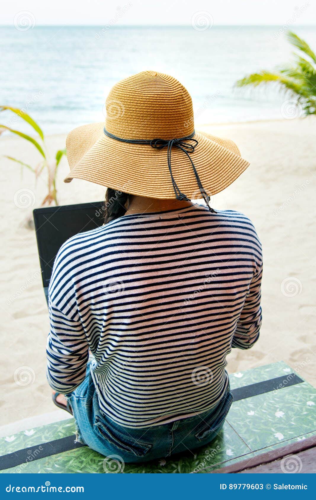 Girl Using Laptop on the Beach Stock Image - Image of internet, online ...