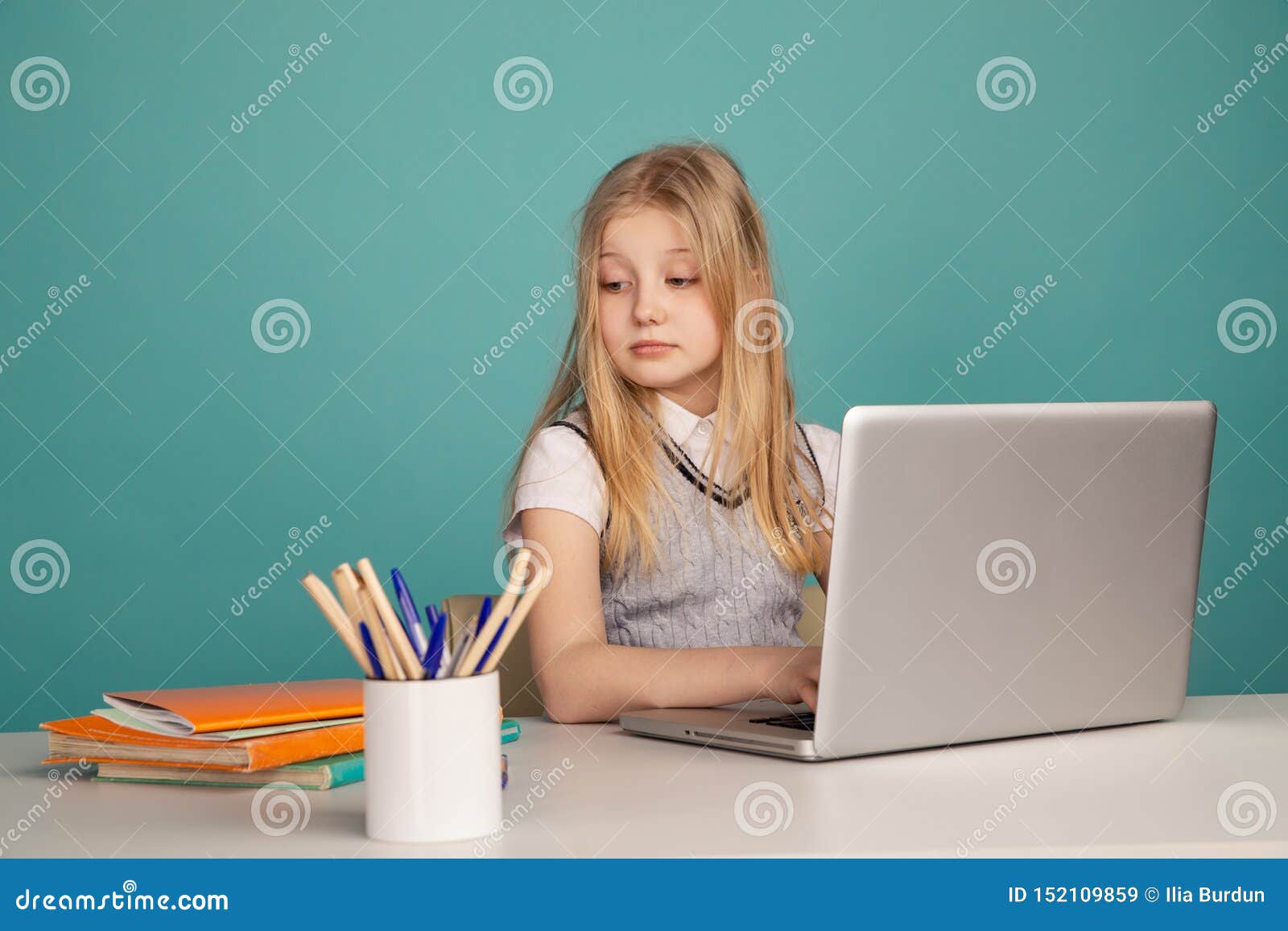 Girl Using a Laptop Computer at Stock Image - Image of elementary ...