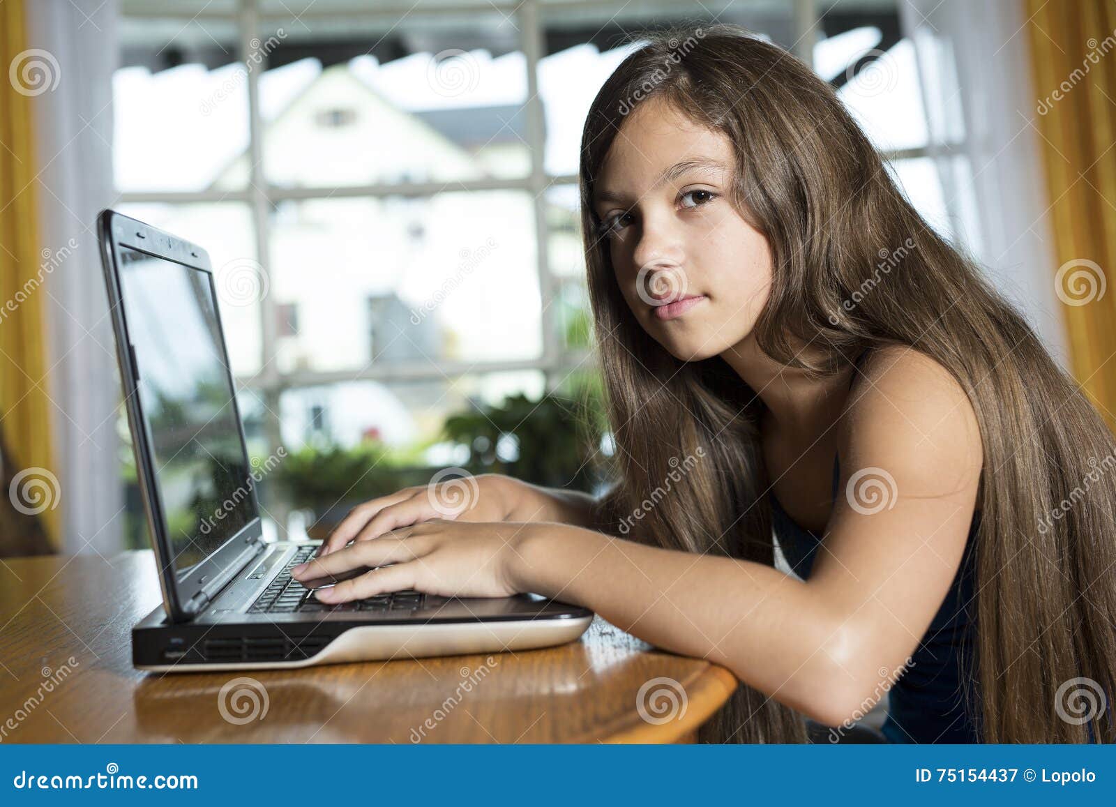 Girl Using Laptop Computer at Home Stock Image - Image of internet ...
