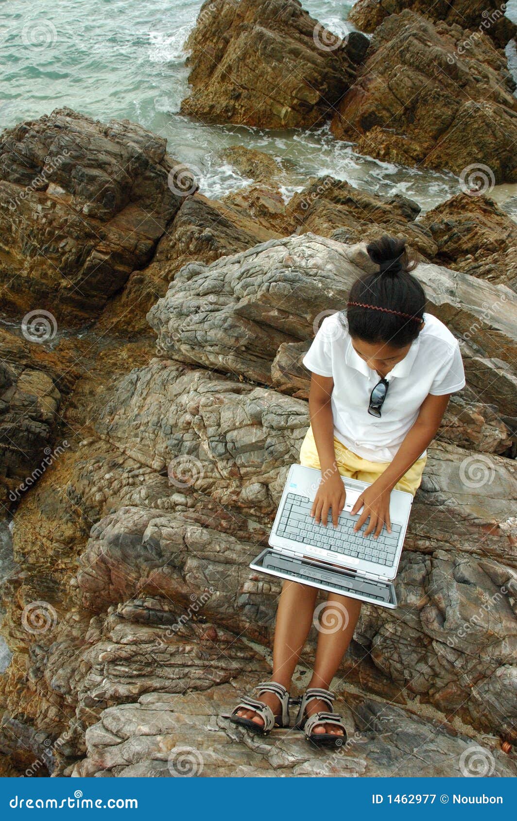 Girl Using Laptop Outside on Rocks Stock Image - Image of business ...