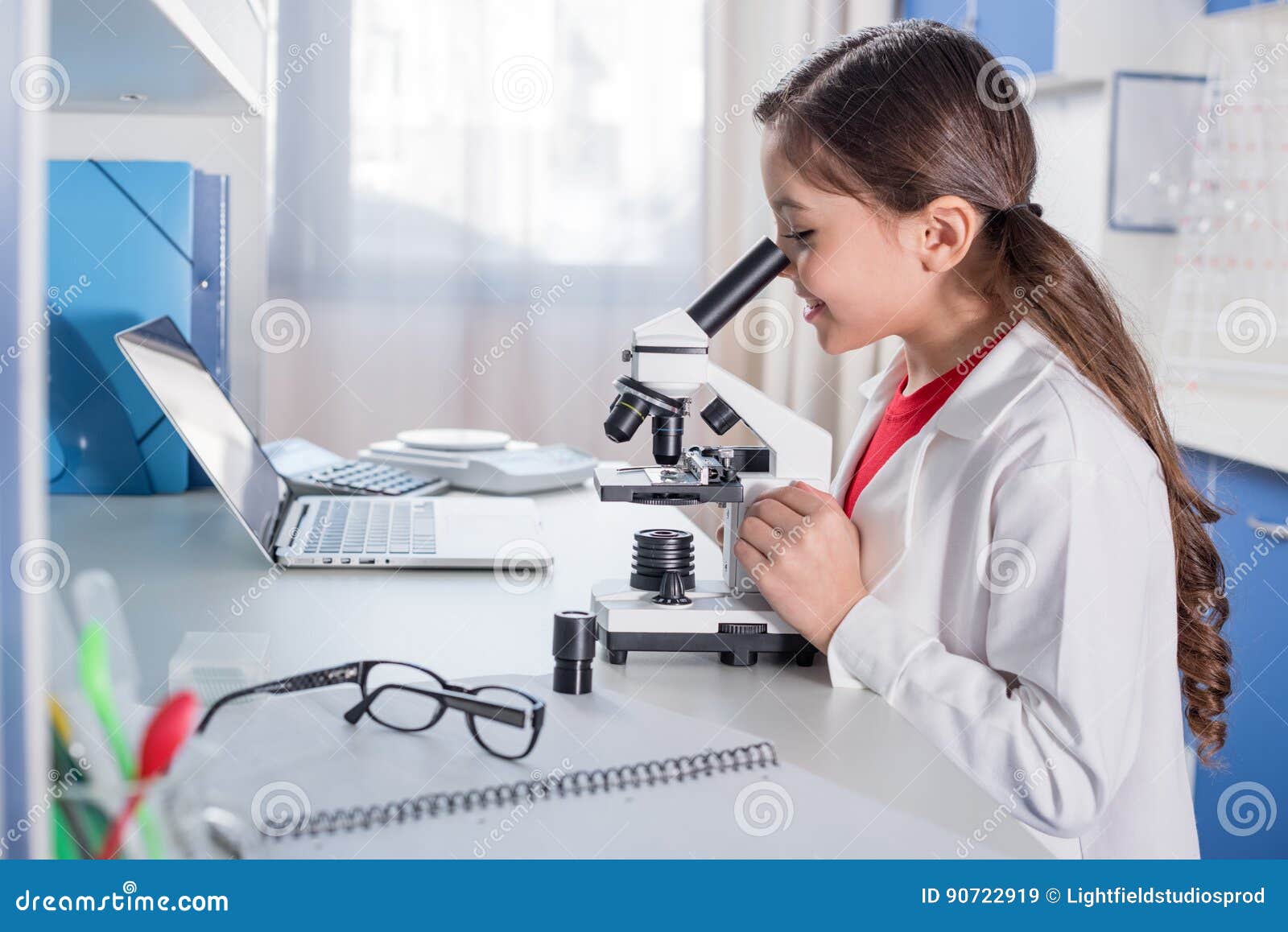 Girl using microscope stock image. Image of girl, school - 90722919