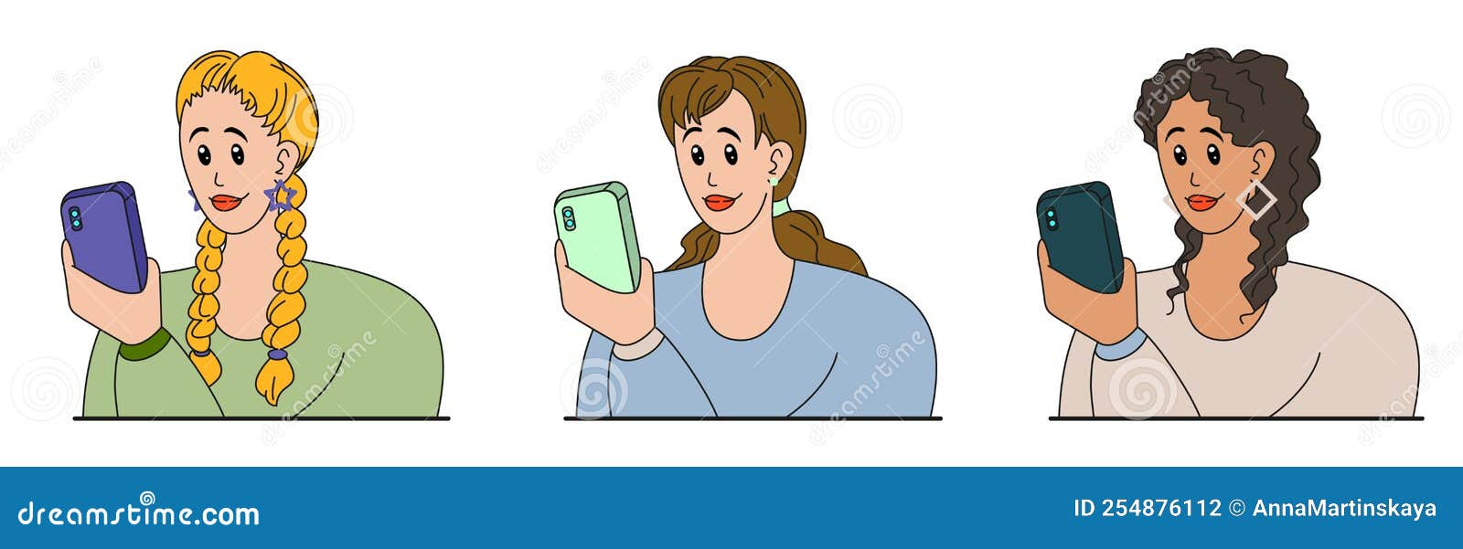 Girl is Using the Phone. Set of Vector Illustrations Isolated on White ...