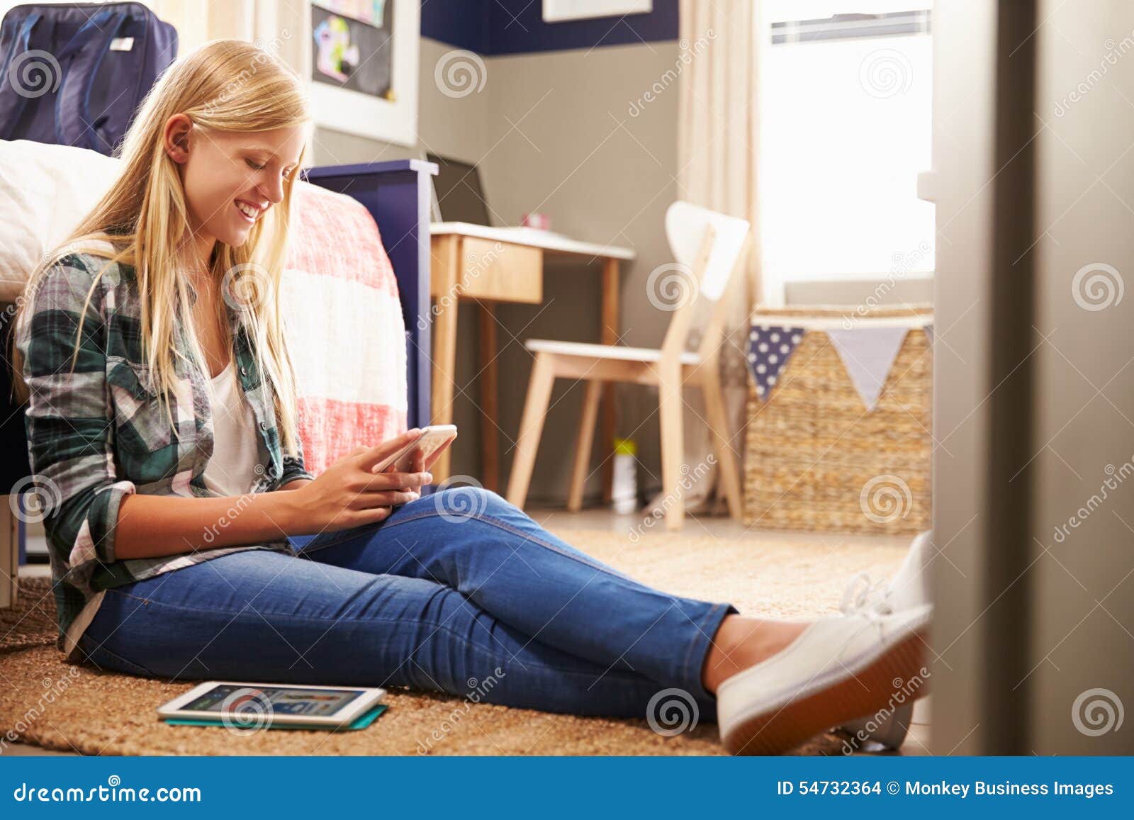 Girl Using Smart Phone in Her Bedroom Stock Photo - Image of caucasian ...