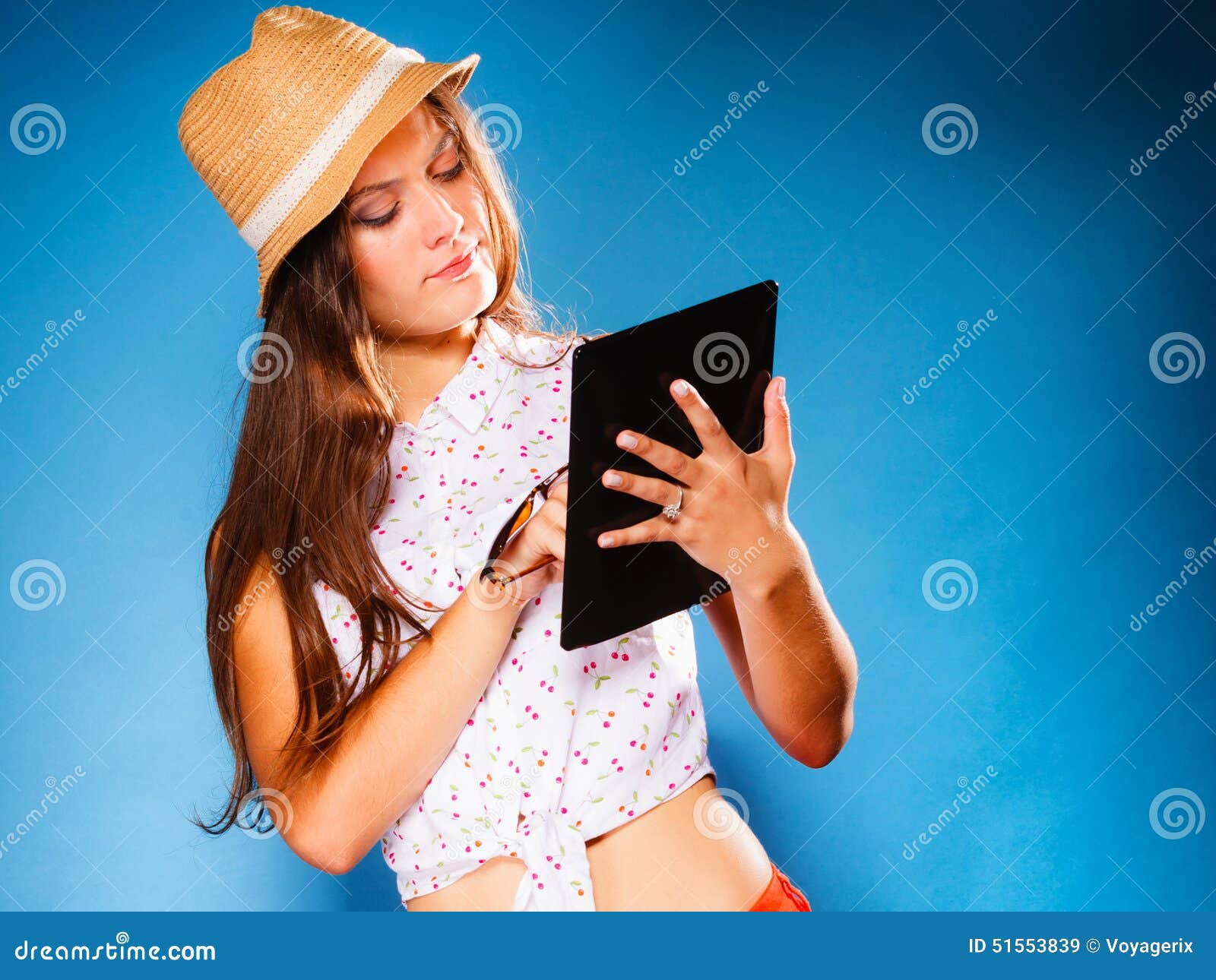 Girl Using Tablet Computer E-book Reader. Stock Image - Image of ...