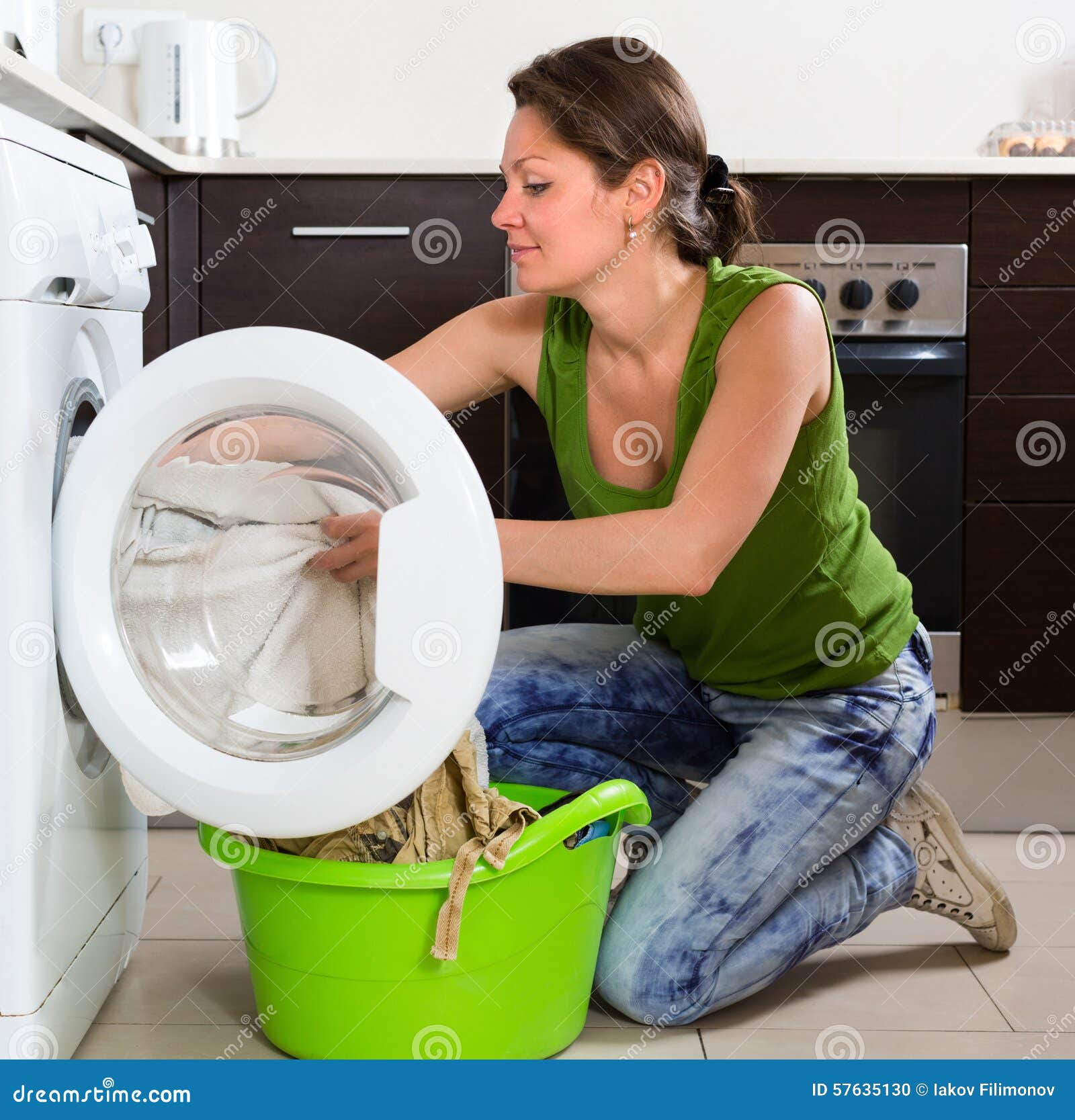 Girl Using Washing Machine at Home Stock Photo - Image of appliance ...