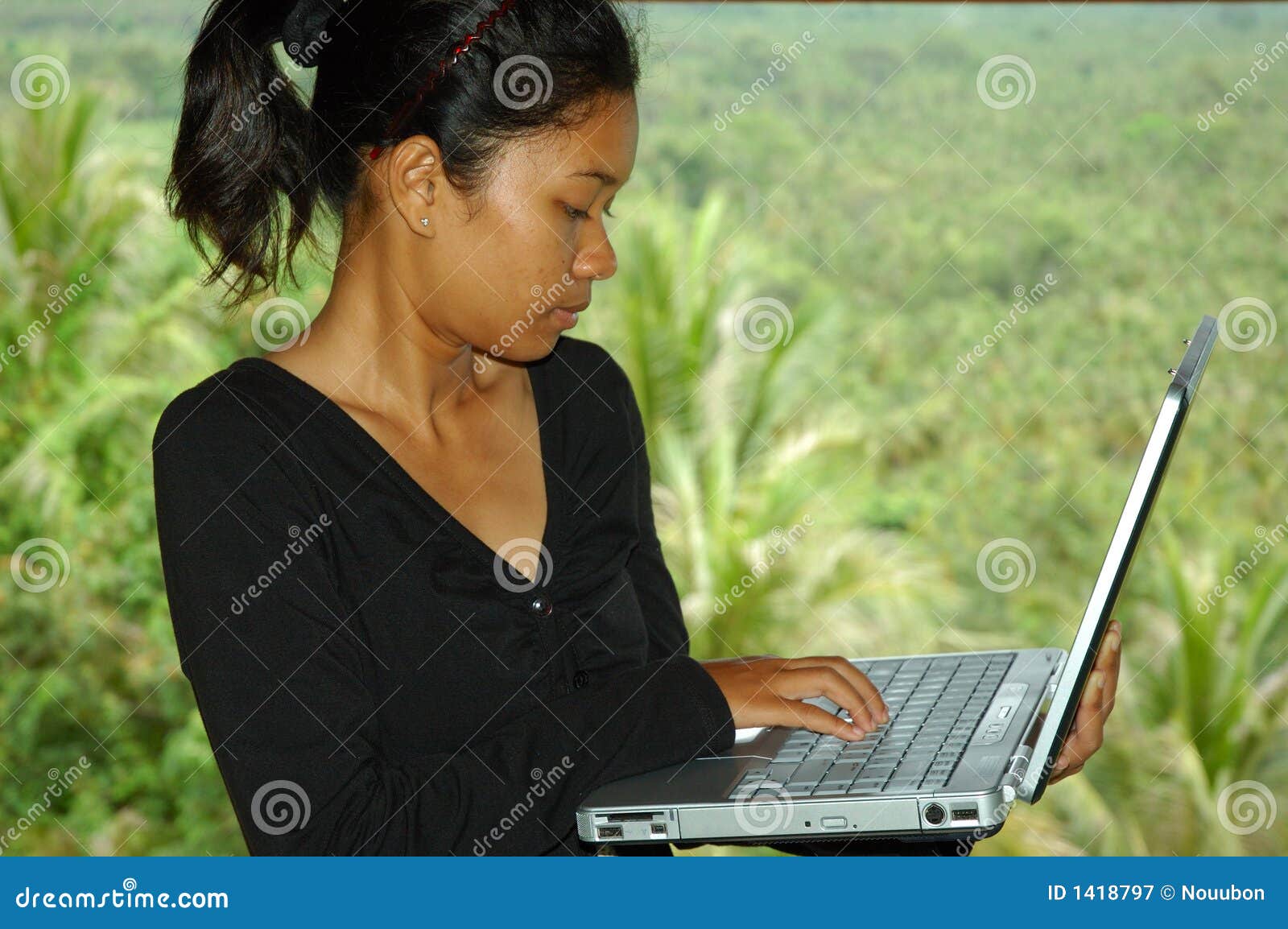 Girl on Vacation Using Laptop Computer Outside Stock Image - Image of ...