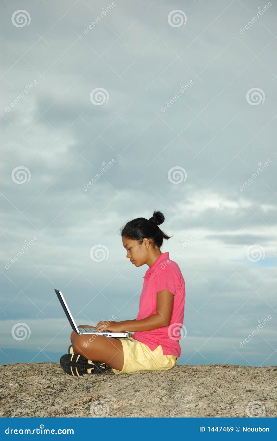 Girl on Vacation Using Laptop Computer Outside Stock Image - Image of ...