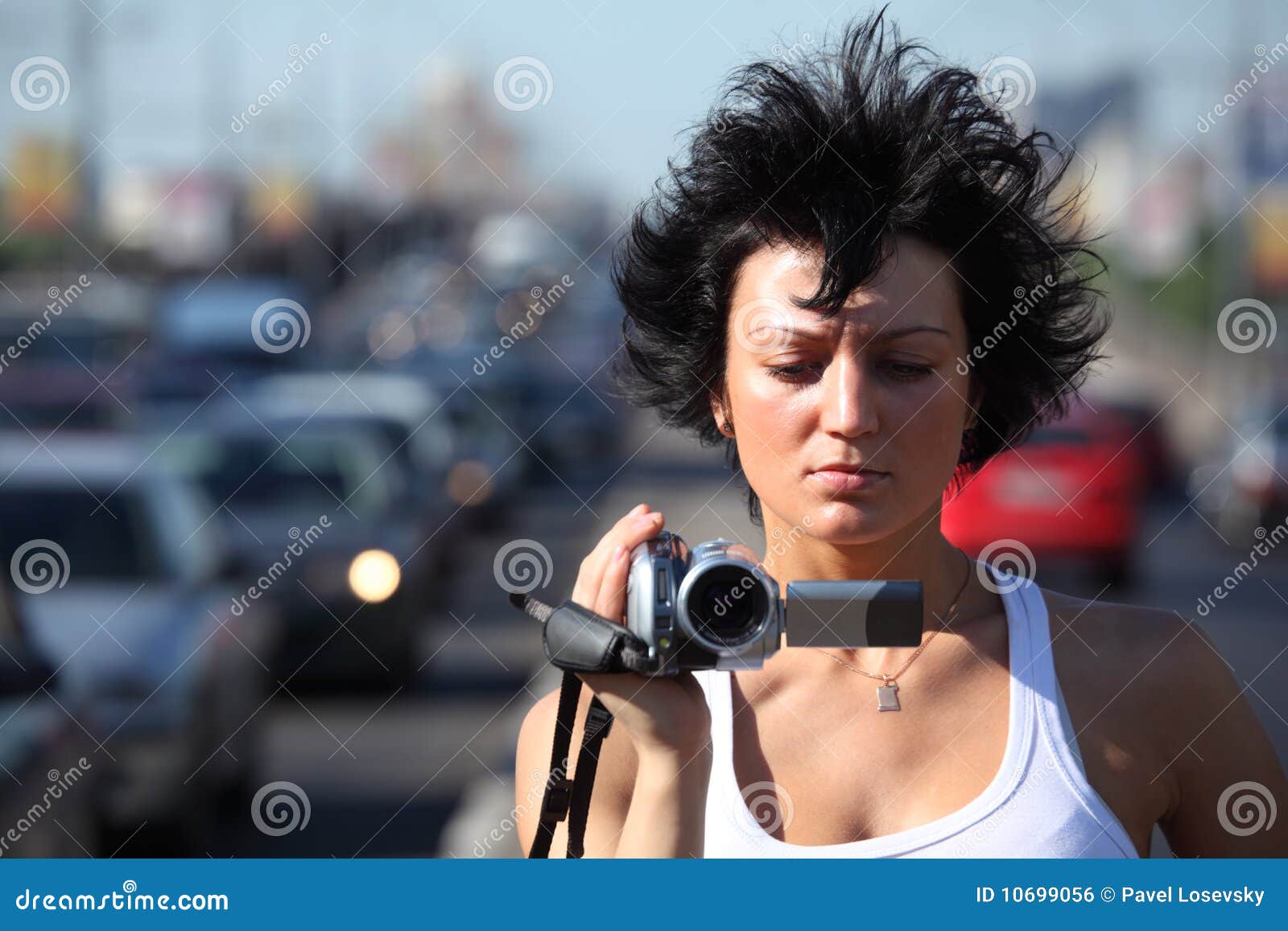Girl with Videocamera on Highway Stock Photo - Image of attractive ...
