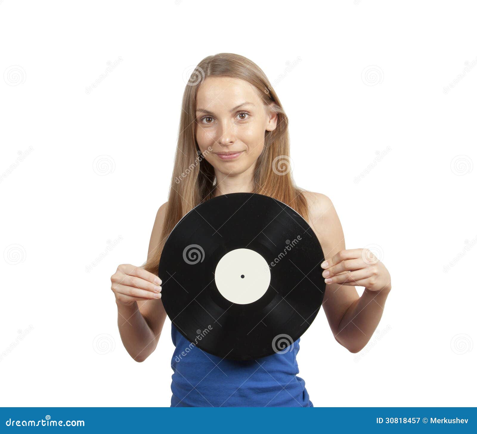 Girl with Vinyl Disc, Isolated on White Stock Image - Image of ...