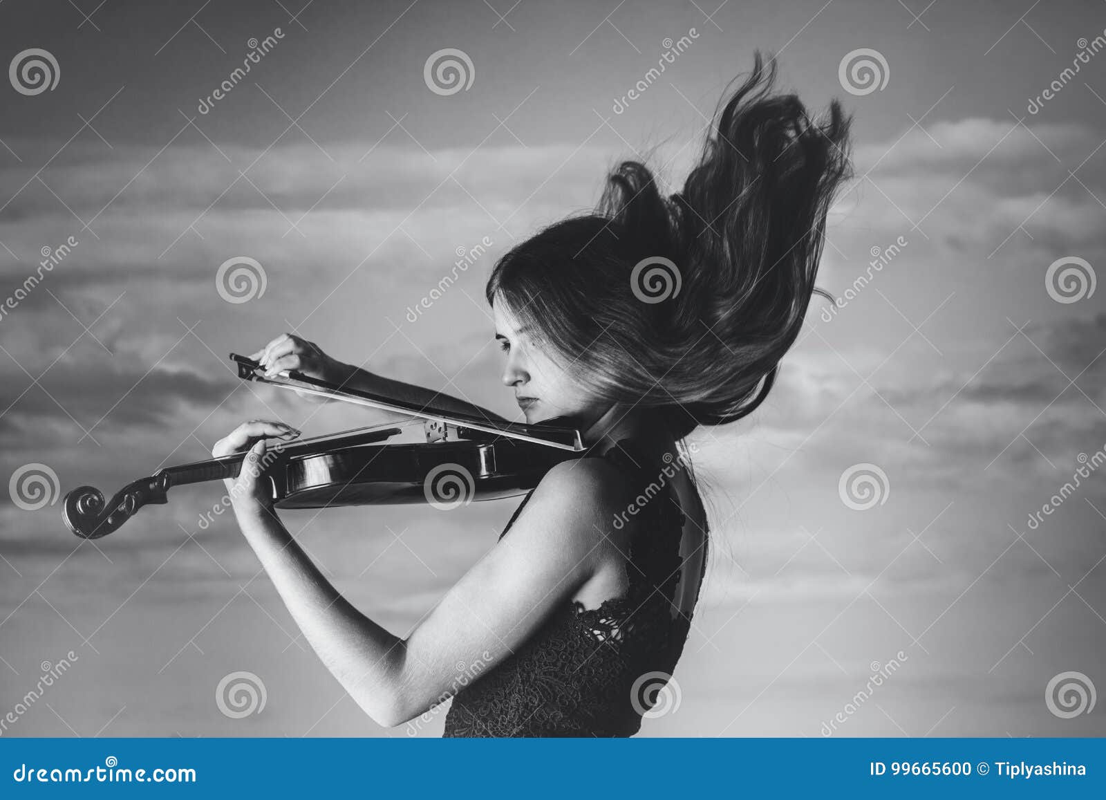 Girl, violin, wind, clouds stock photo. Image of lesson - 99665600