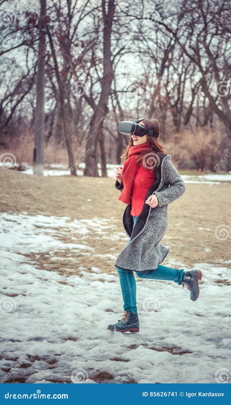 Girl with Virtual Reality VR Headset Running on the Street Stock Image ...