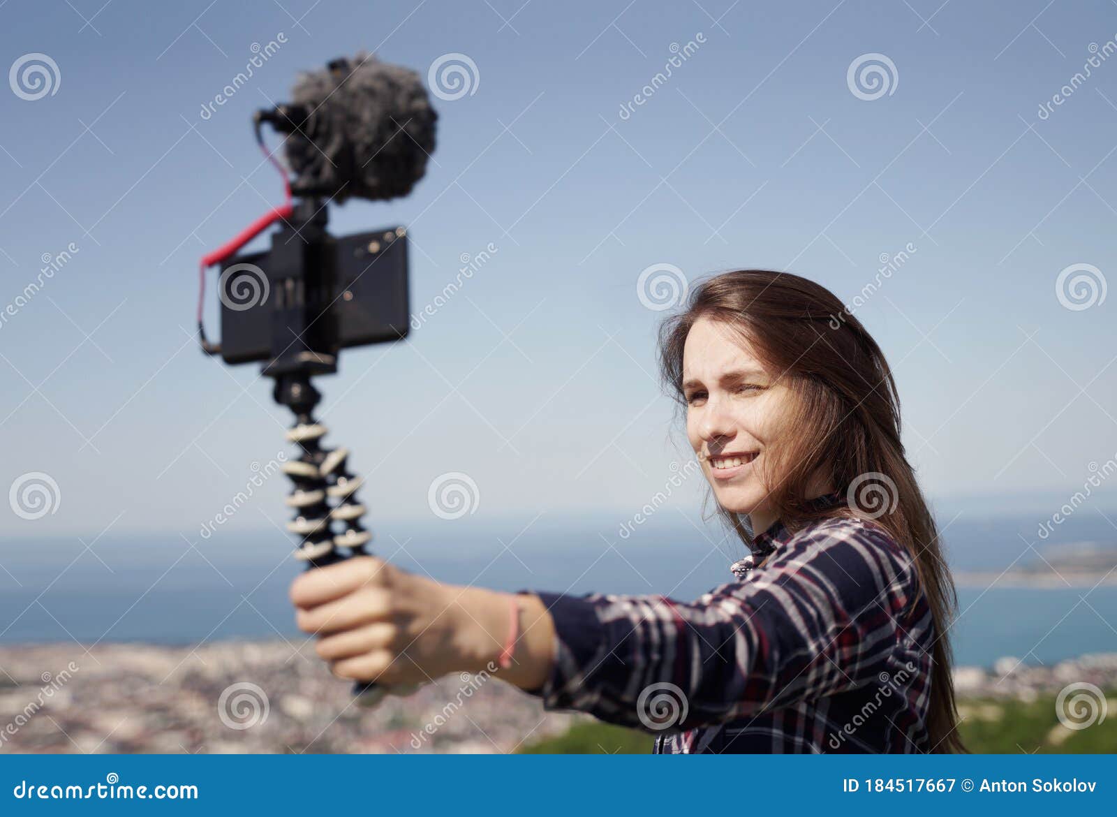 Girl Vlogging on Mountain Top Stock Image - Image of online, portrait ...