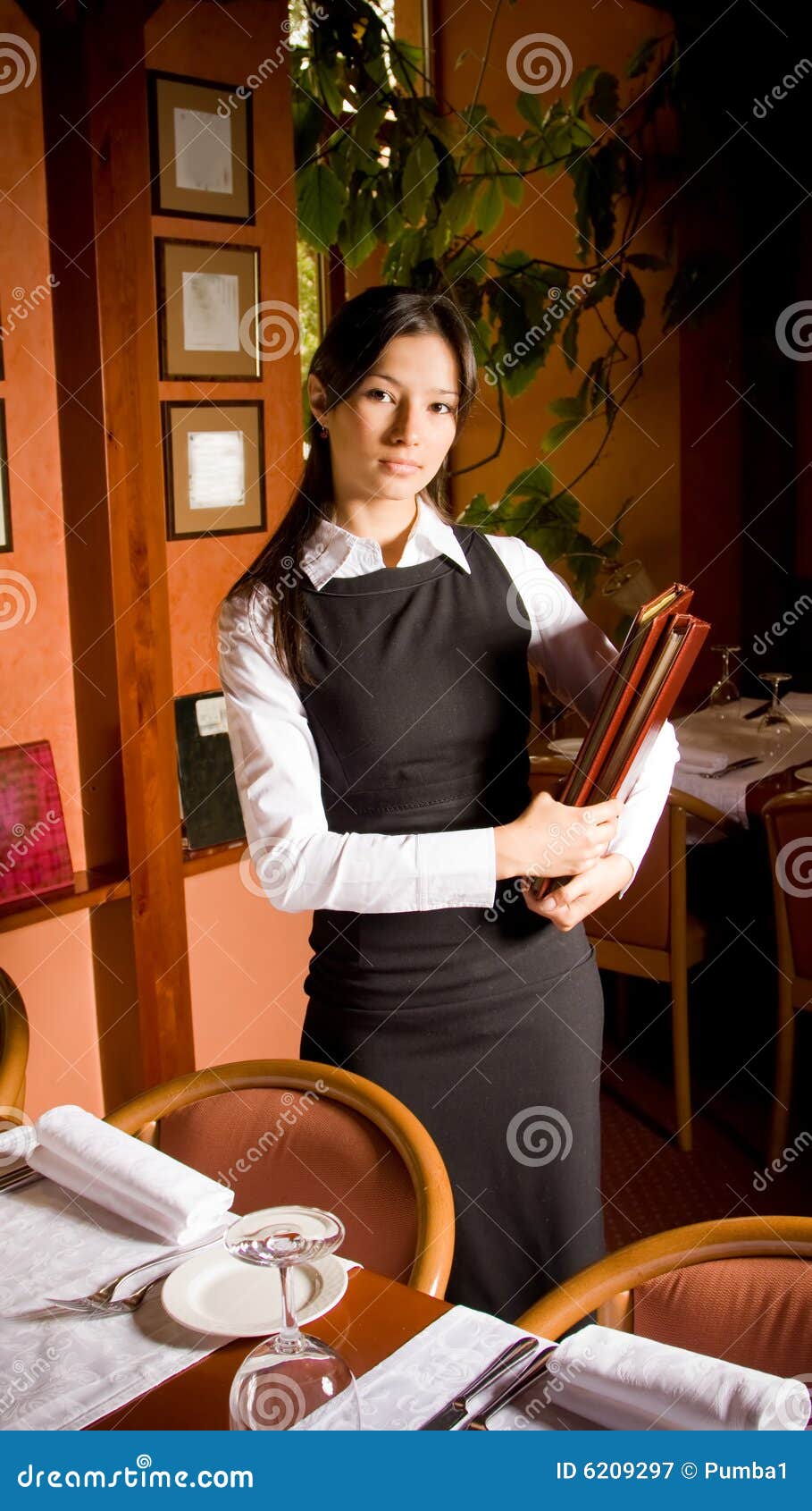 The Girl the Waiter from the Menu in Hands Stock Image - Image of table ...