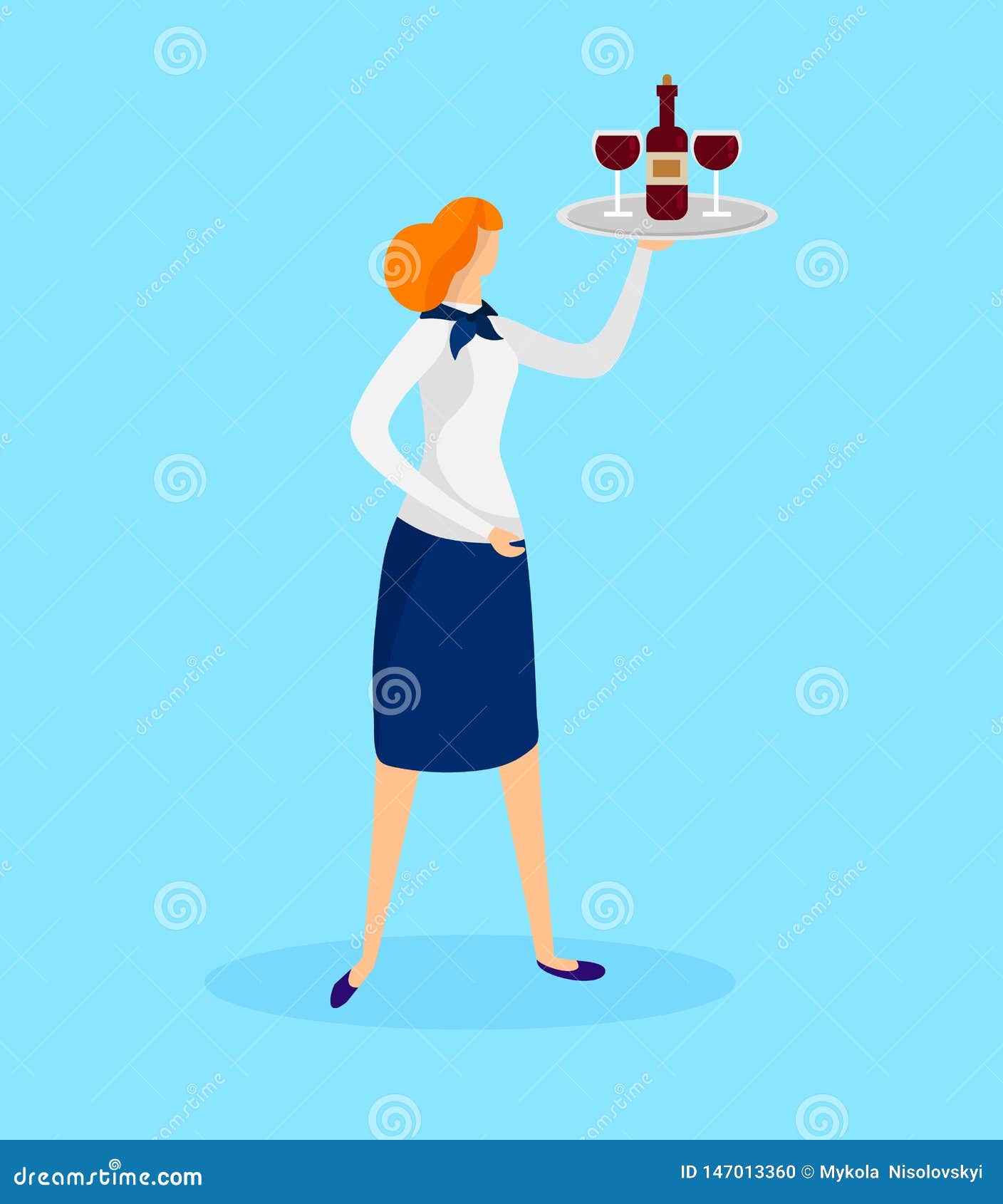 Girl Waitress Holding Tray With Bottle And Glasses Stock Vector