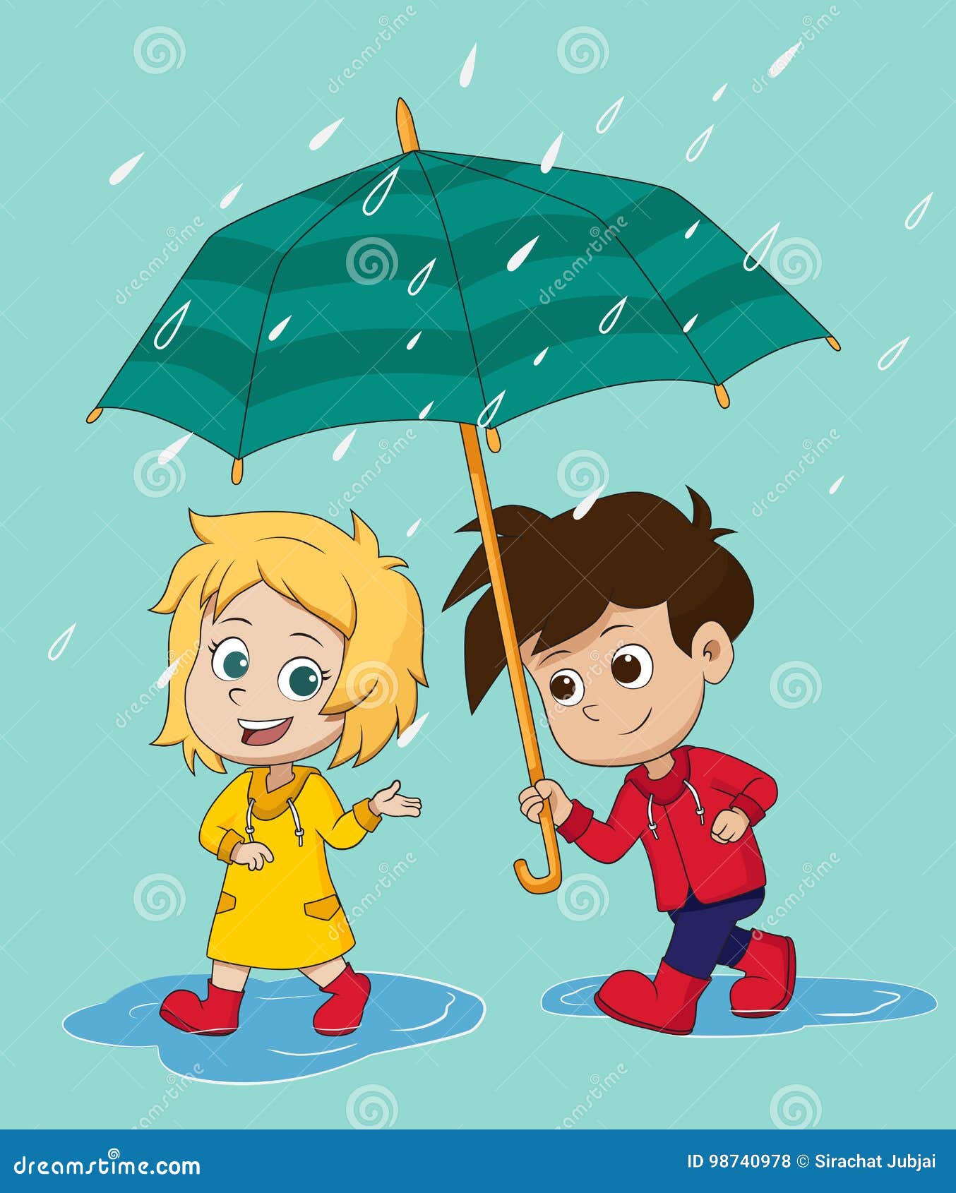 Girl Walk and Talk with a Boy in a Rainy Day. Stock Vector ...