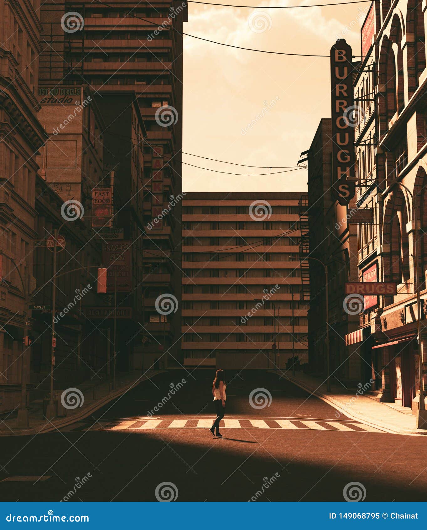 Girl Walking Alone in Abandoned City Stock Illustration - Illustration ...