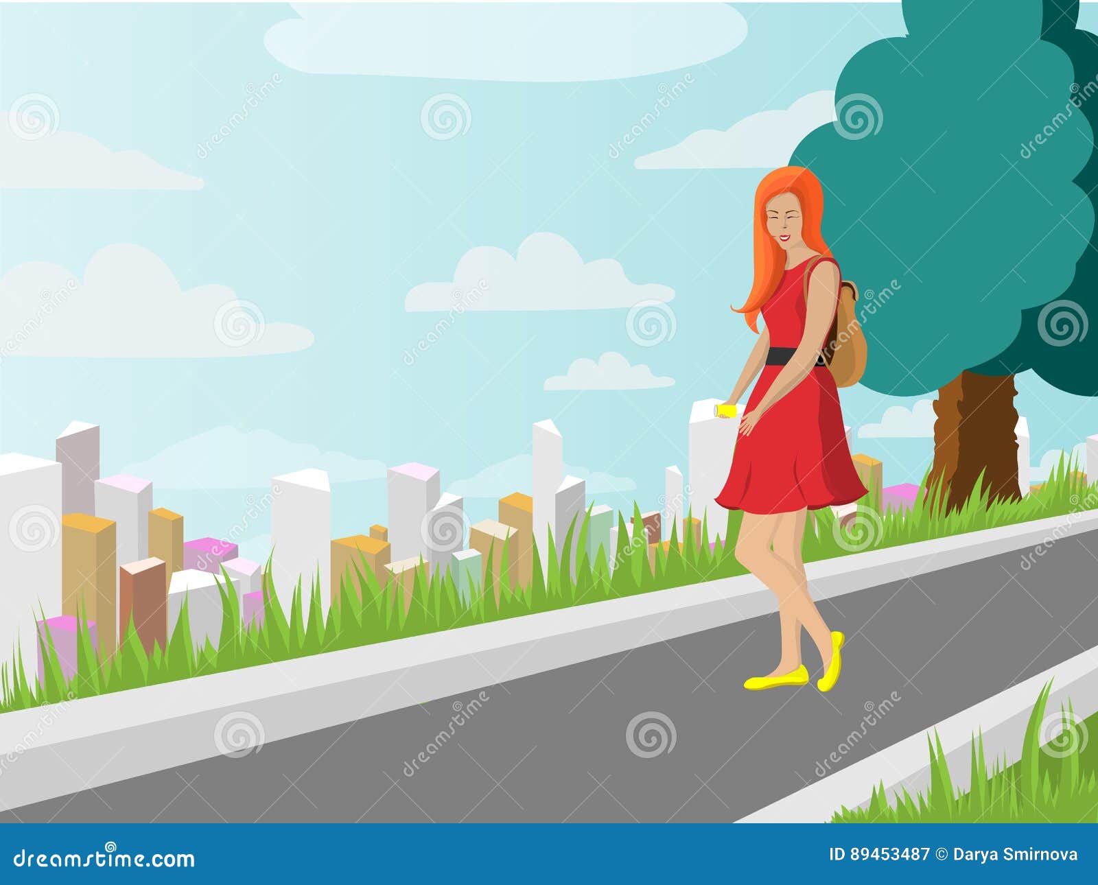Girl is Walking Outdoors in a Red Dress and with a Backpack. Stock ...