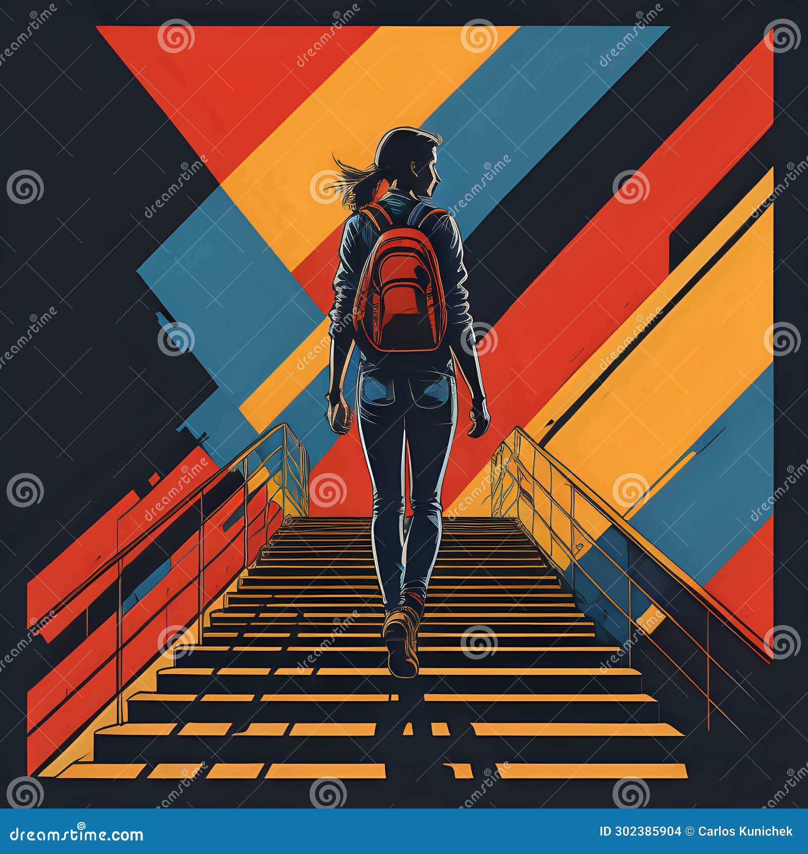 Girl Walking Up the Stairs - Generated by Ai Stock Illustration ...