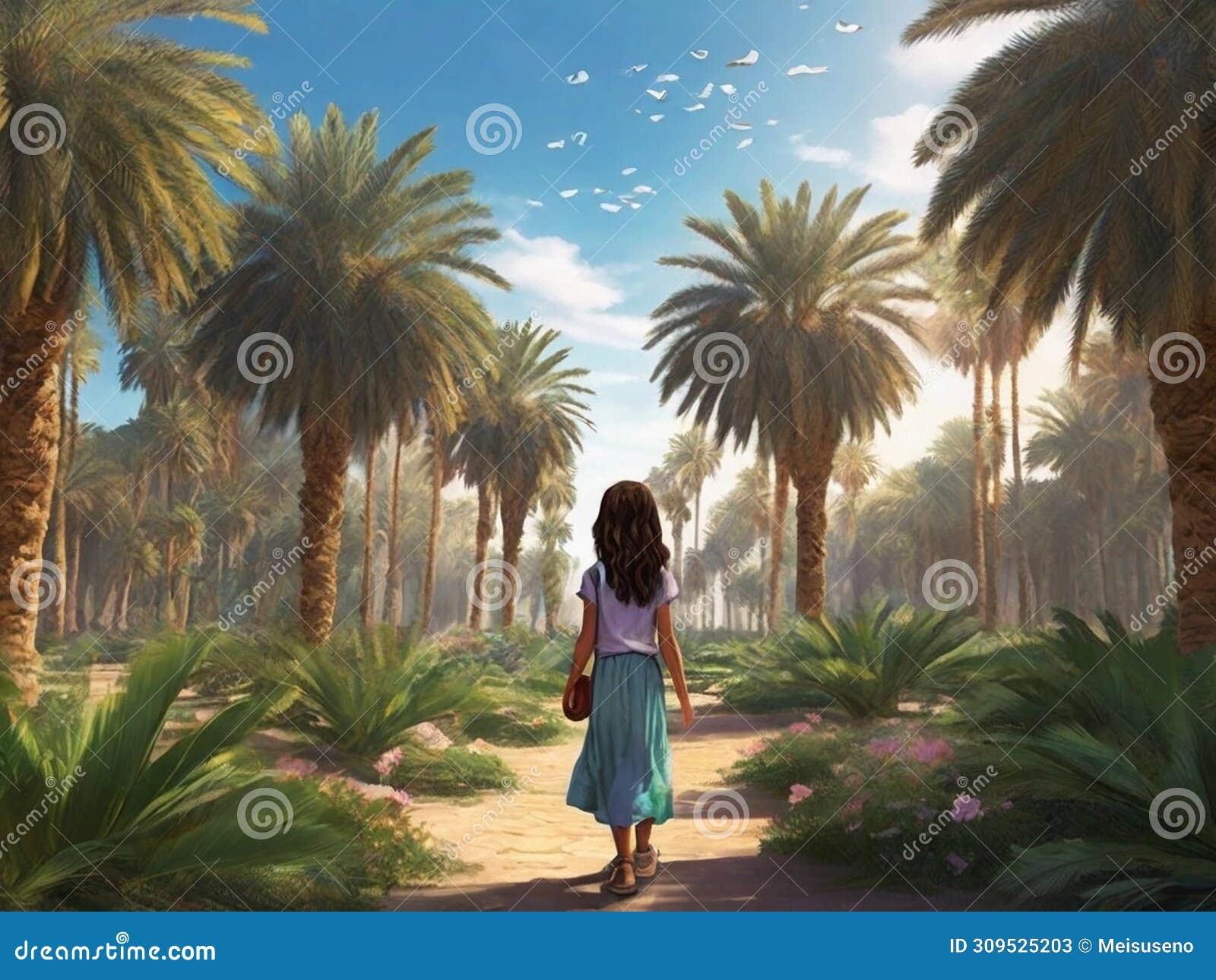 A Girl Walks Along a Path between Palm Trees Stock Illustration ...