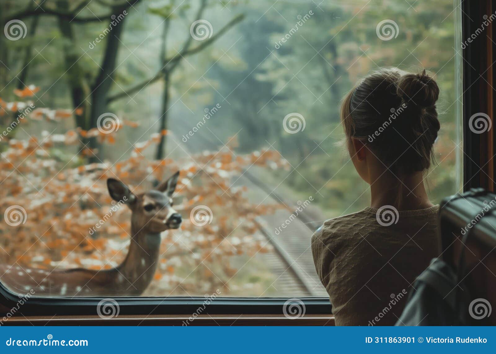 Girl Watching Deer through Train Window Stock Image - Image of greenery ...