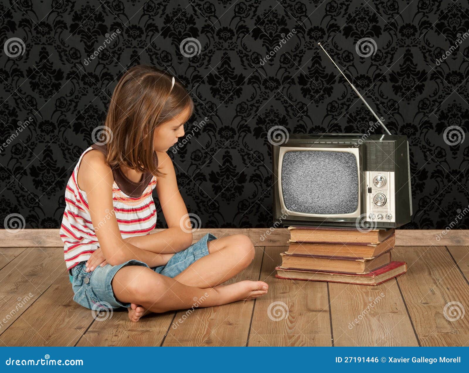 Girl watching old tv stock photo. Image of knob, adorable - 27191446