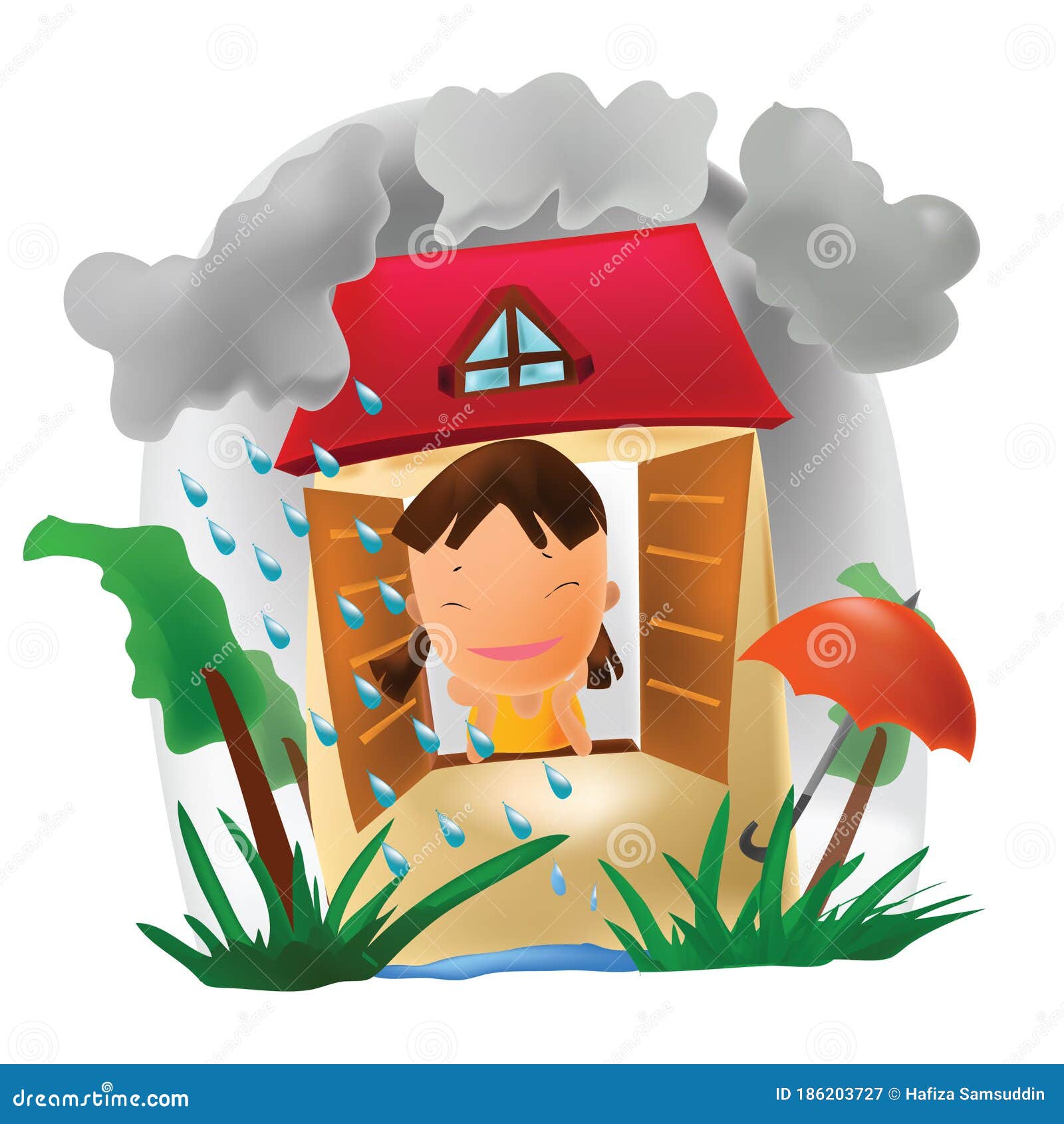 Girl Watching Rain from Window. Vector Illustration Decorative Design ...
