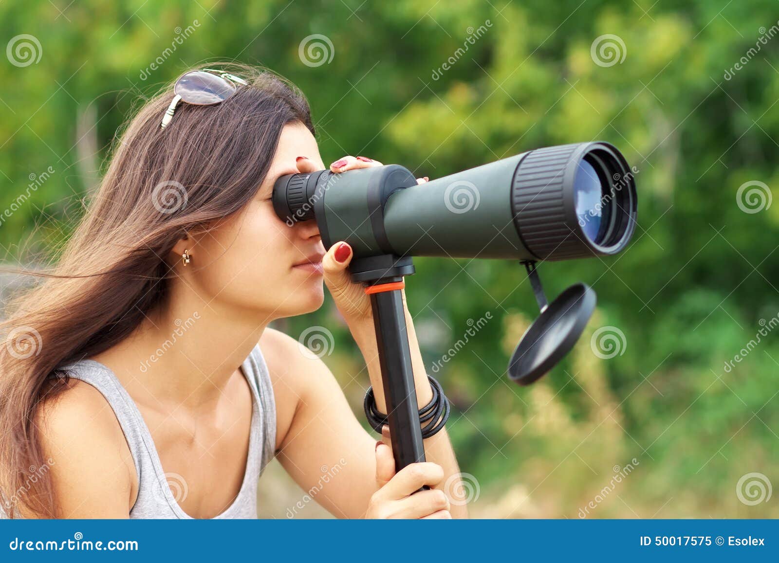 Girl Watching in Spotting Scope. Stock Image - Image of fingers ...